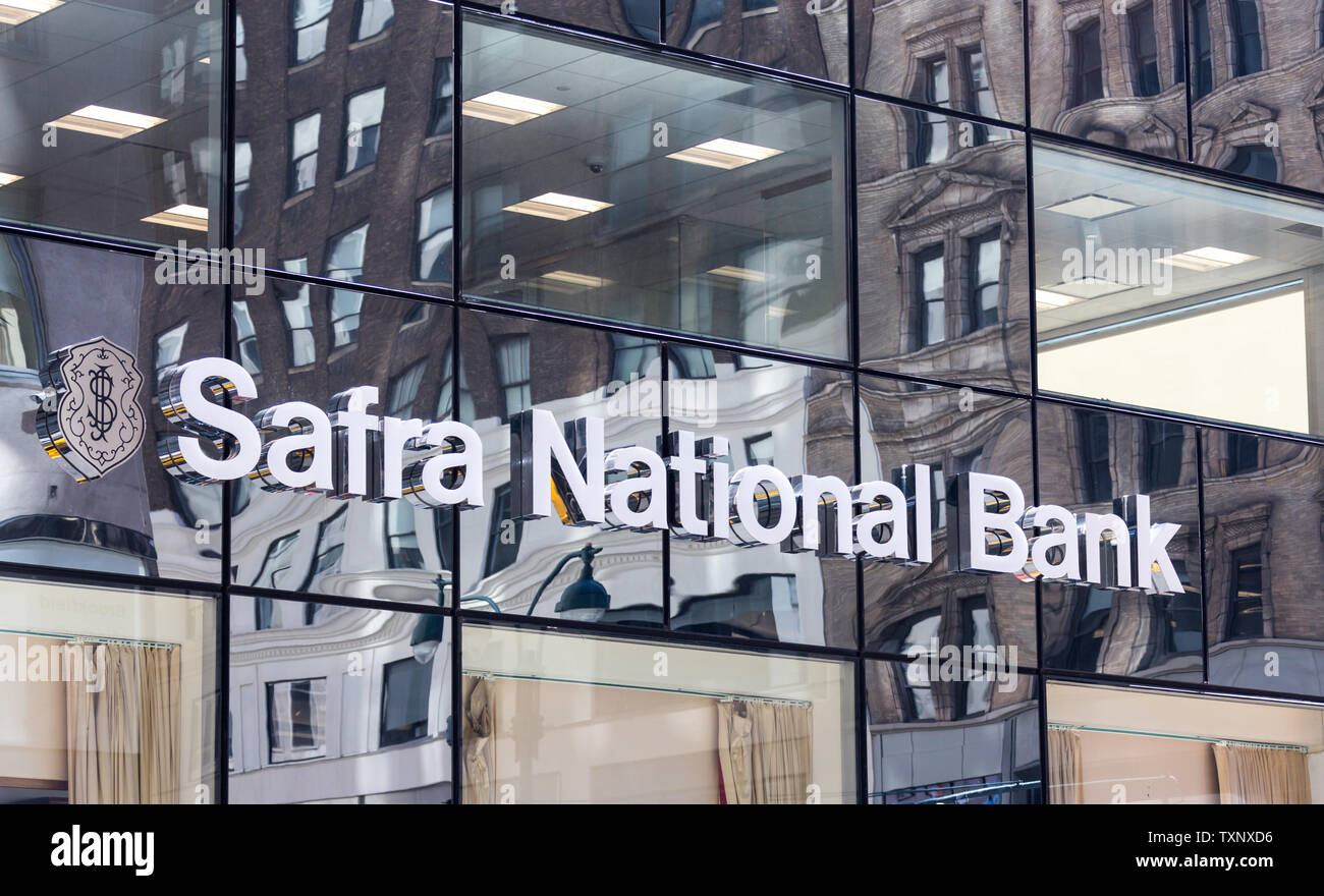 NEW YORK, USA - MAY 15, 2019: The glass windows of the Safra National ...