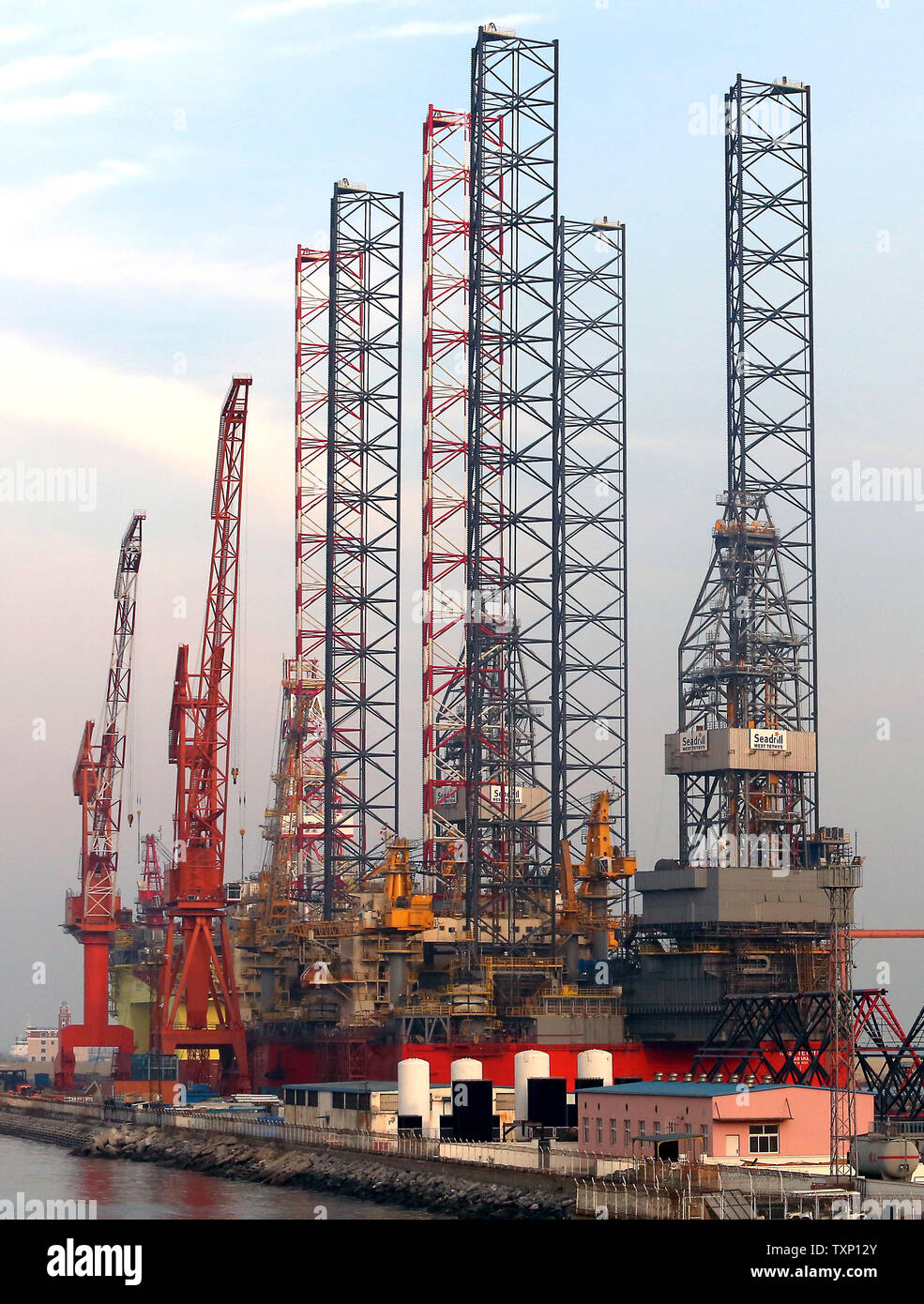 The construction of petrochemical drilling rigs is near completion on a ...