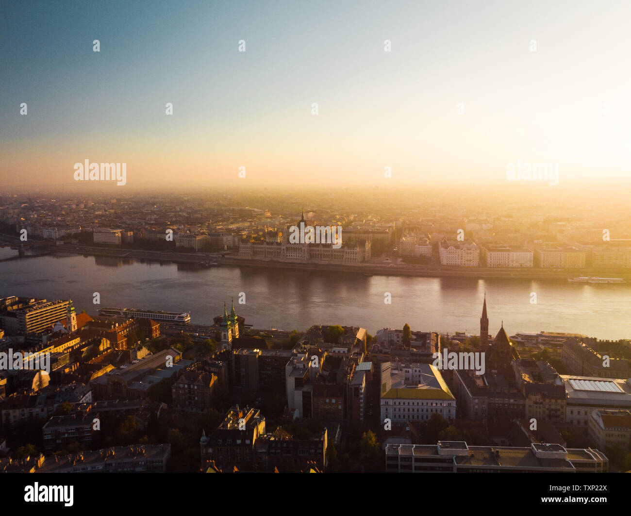 Aerial view onto Hungarian Parliament Building from above in front of ...