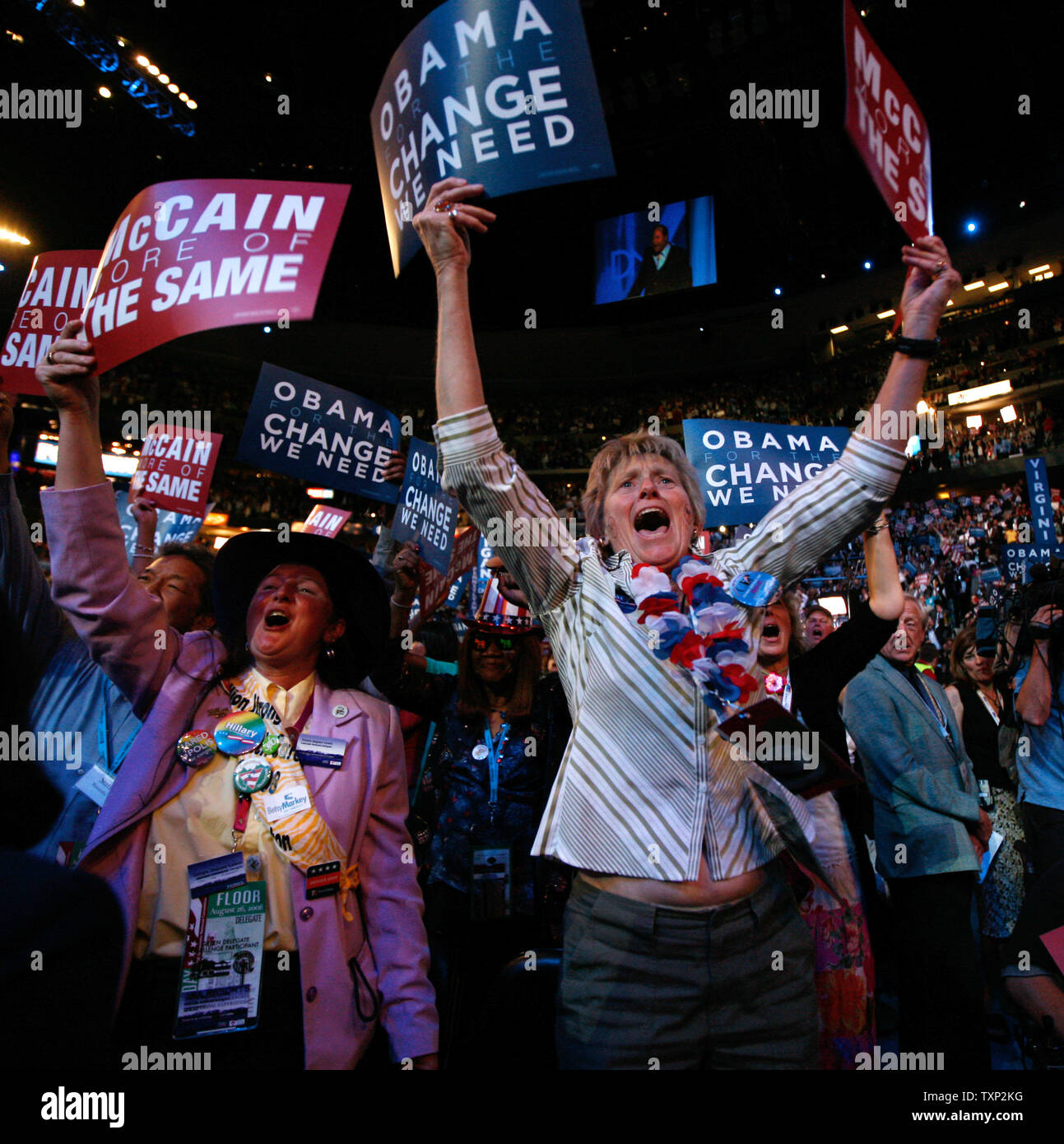 Colorado delegates Sonya Jaquez Lewis (L) and Kathy Ensz cheer as ...