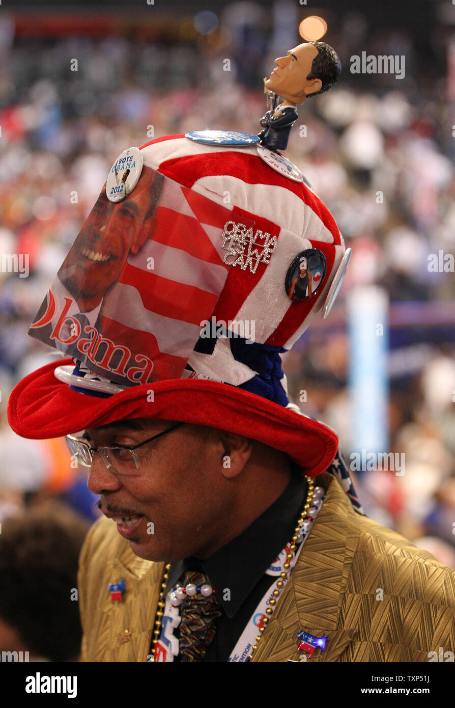 Delegate wears a President Barack Obama statue on his hat during the ...