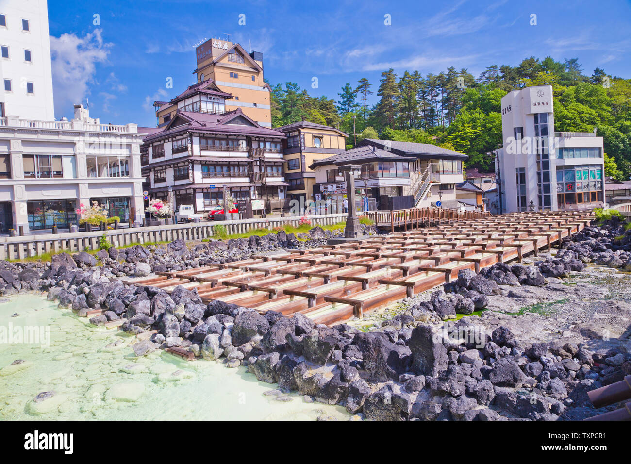Yubatake onsen, hot spring wooden boxes with mineral water in Kusatsu ...