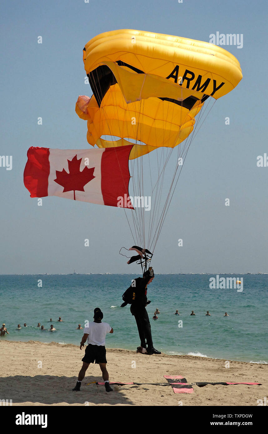 A member of the US Army Golden Knights Parachute Team displays the ...