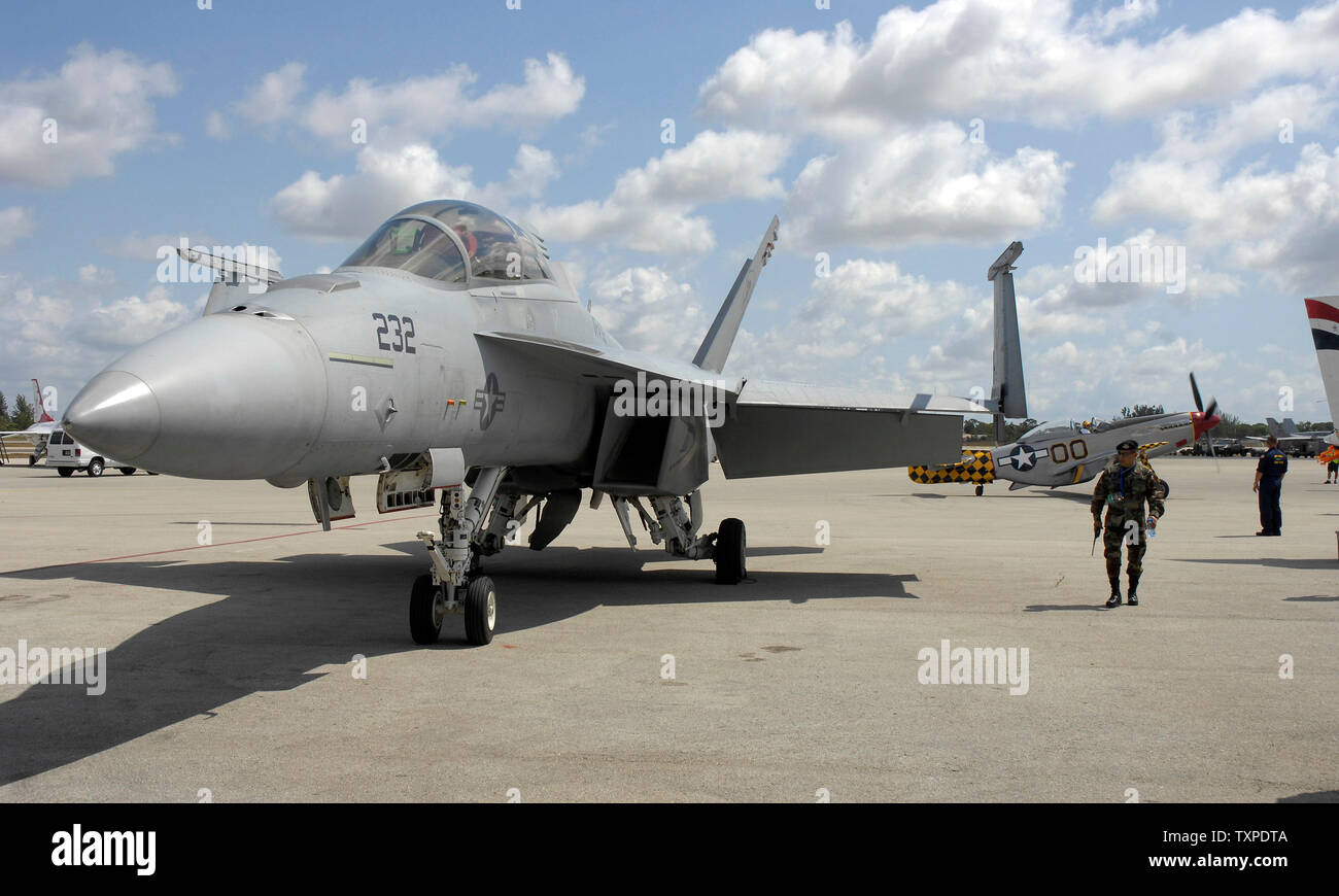 An F-18, flown by the Hornet Demonstration Team stits at Opa Locka ...