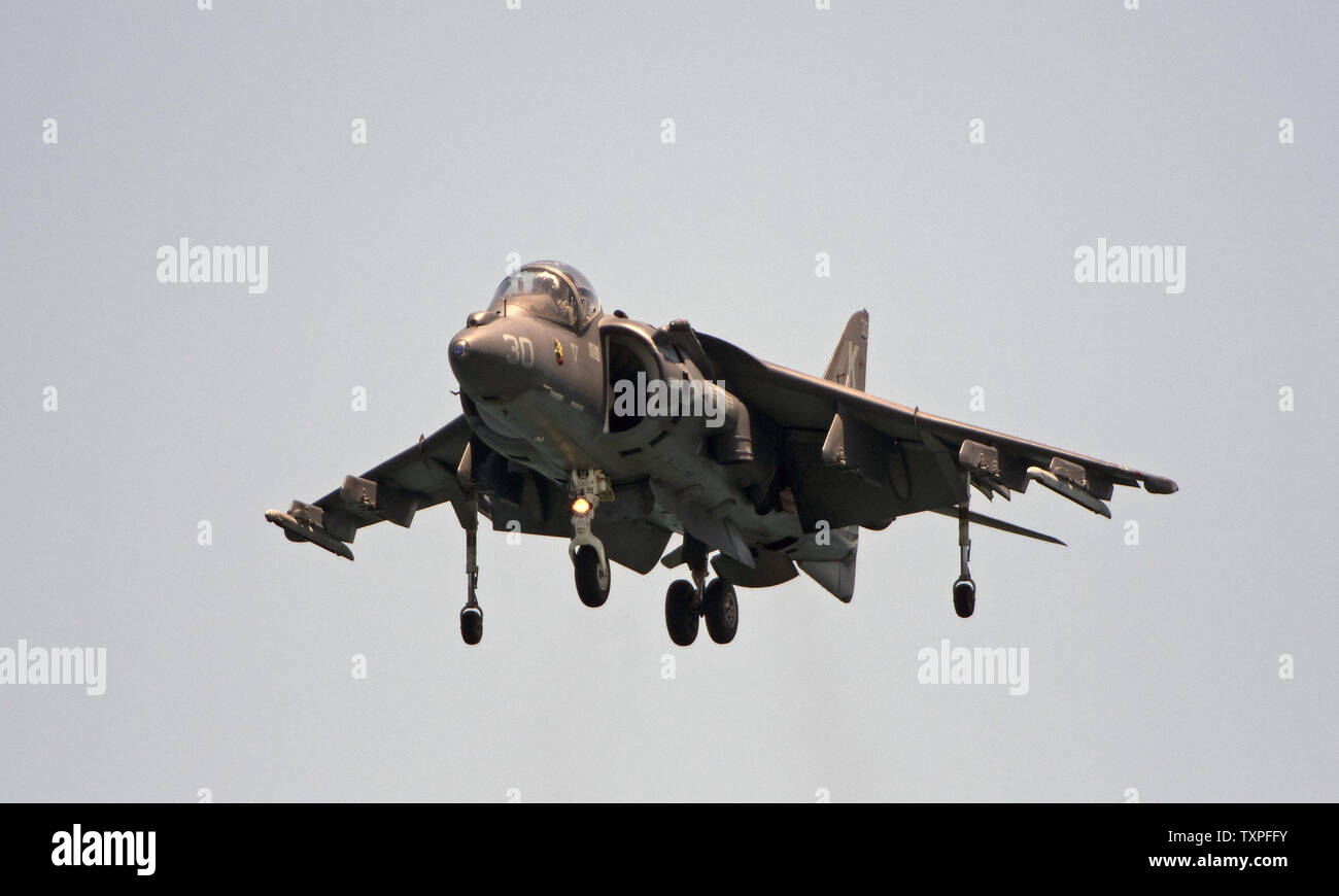 A US Marine AV-8B Harrier II conducts a demonstration performance over ...