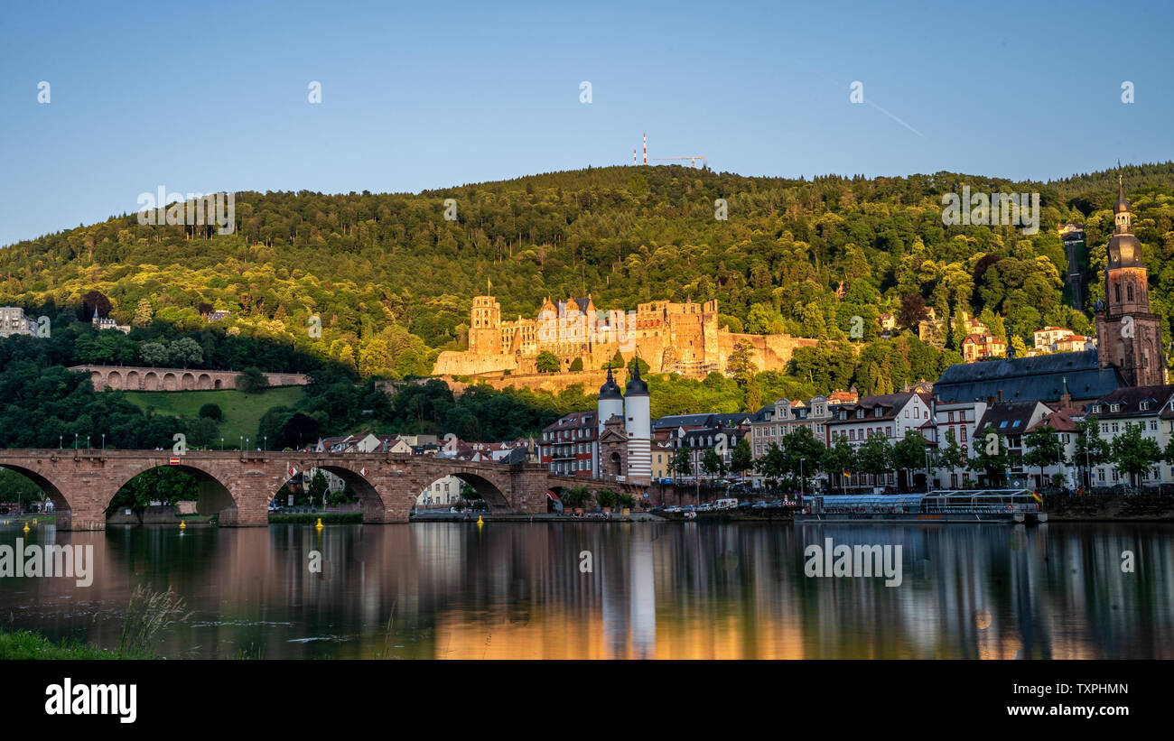 view on HHeidelberg castle ruins, karl theodor bridge (old bridge) and ...