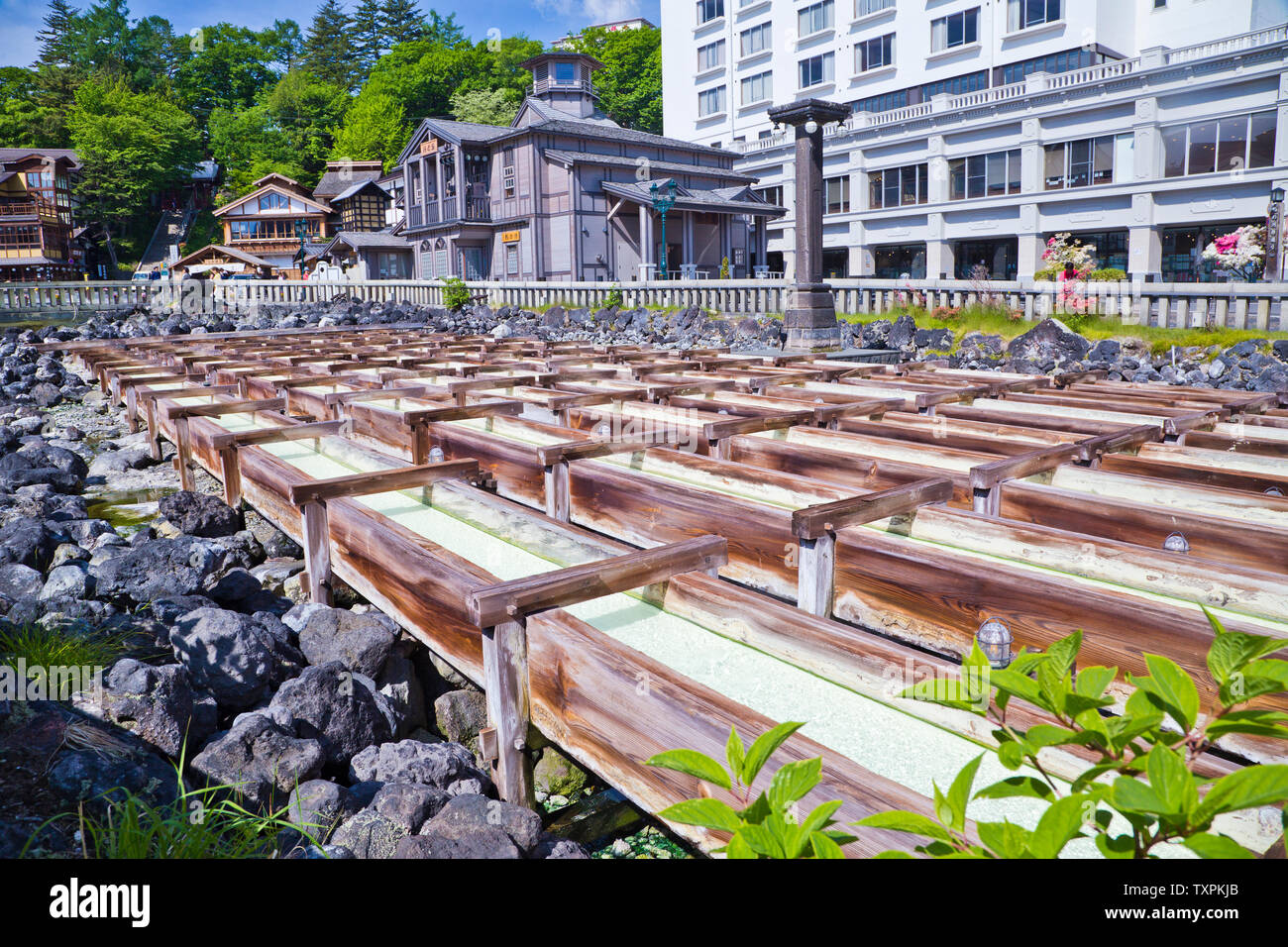 Yubatake onsen, hot spring wooden boxes with mineral water in Kusatsu ...