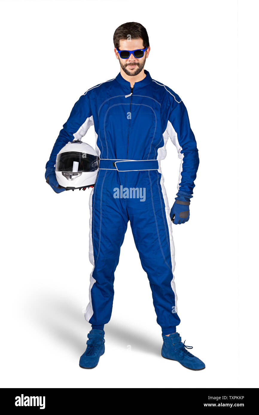 Race driver in blue white motorsport overall shoes gloves and safety ...
