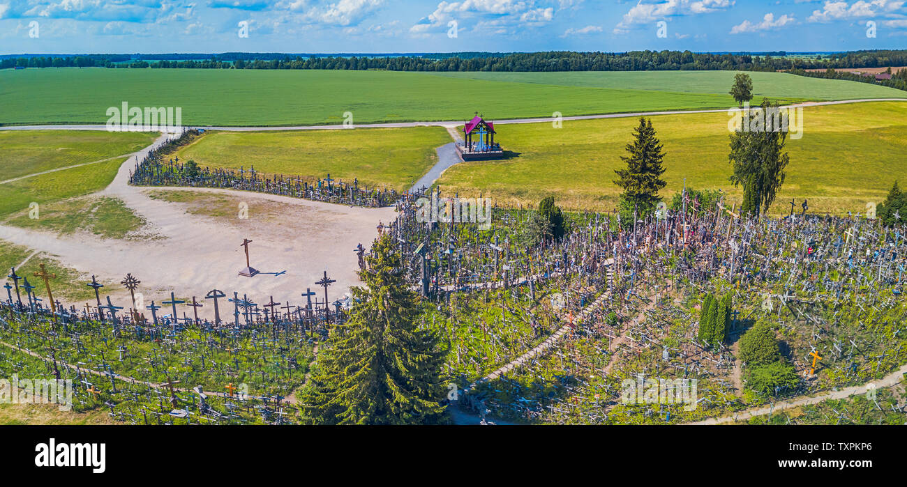 Aerial panoramic view of Hill of Crosses KRYZIU KALNAS . It is a famous ...