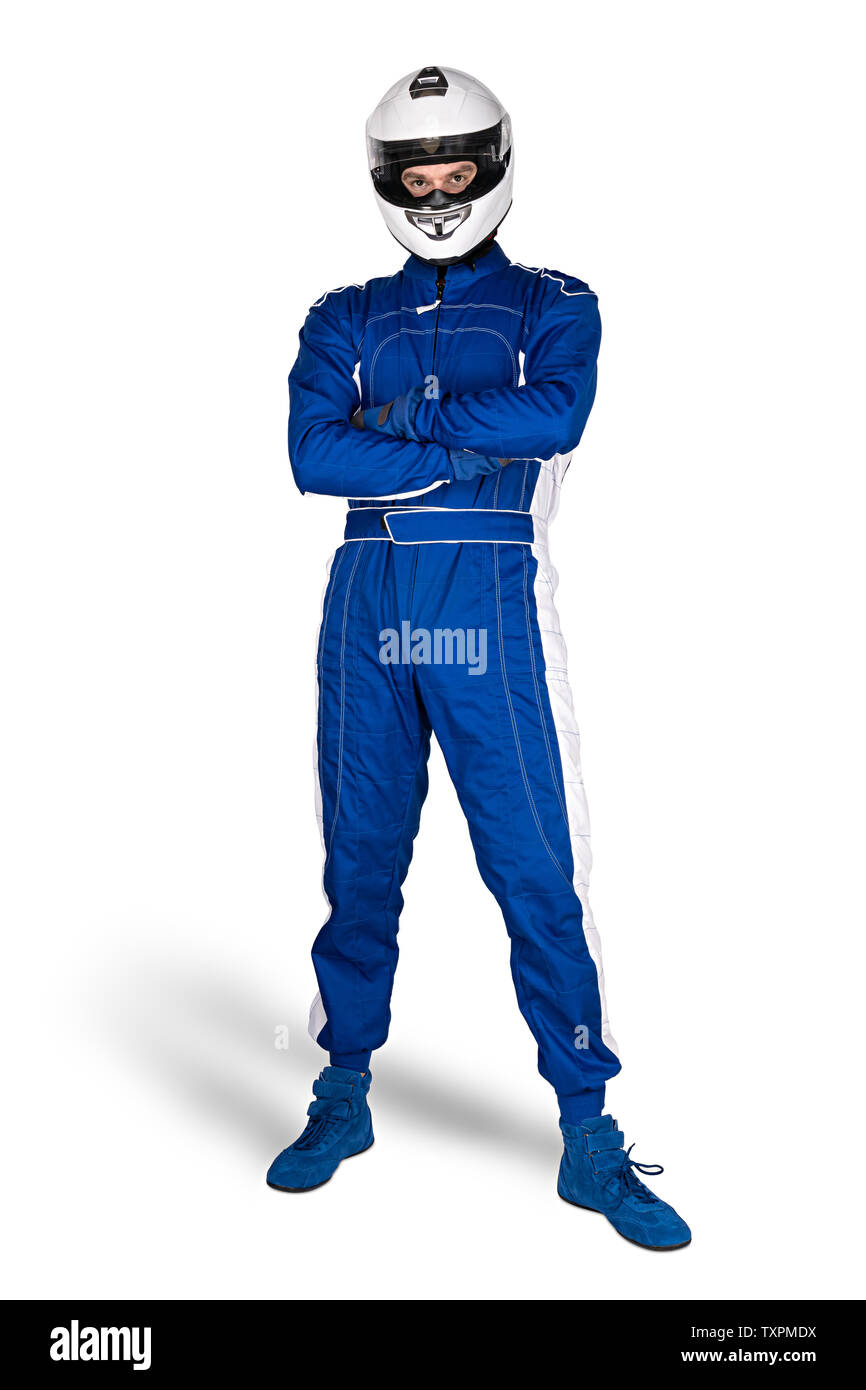 Determined race driver in blue white motorsport overall shoes gloves ...