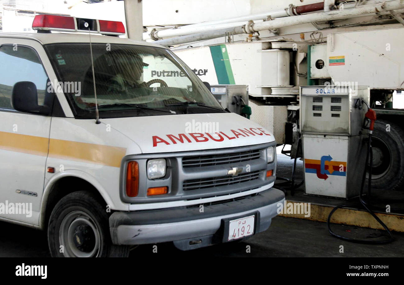 An ambulance waits to fill in a gas station on May 11, 2006 in Gaza ...
