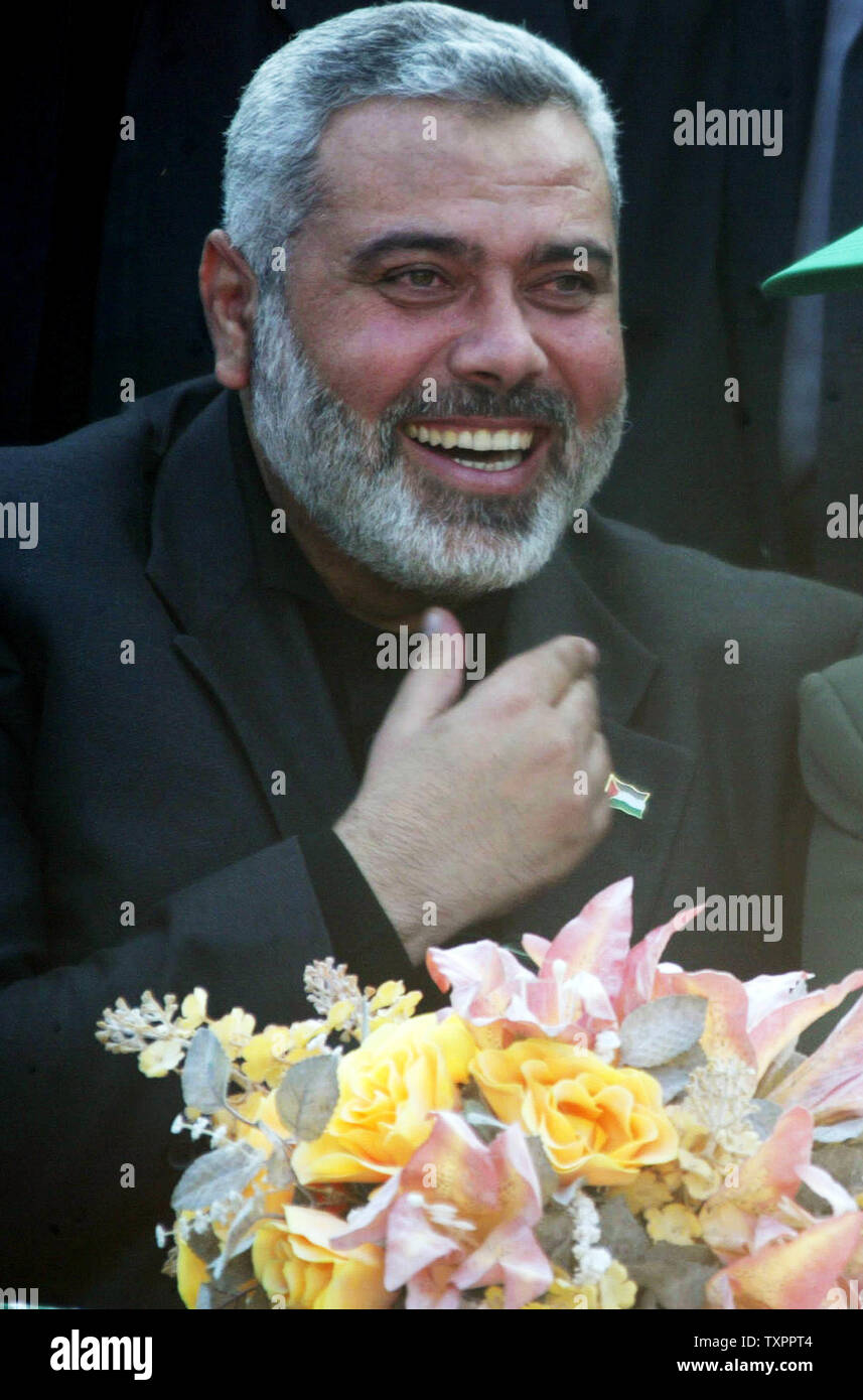 Palestinian Prime Minister Ismail Haniya attends a rally commemorating ...