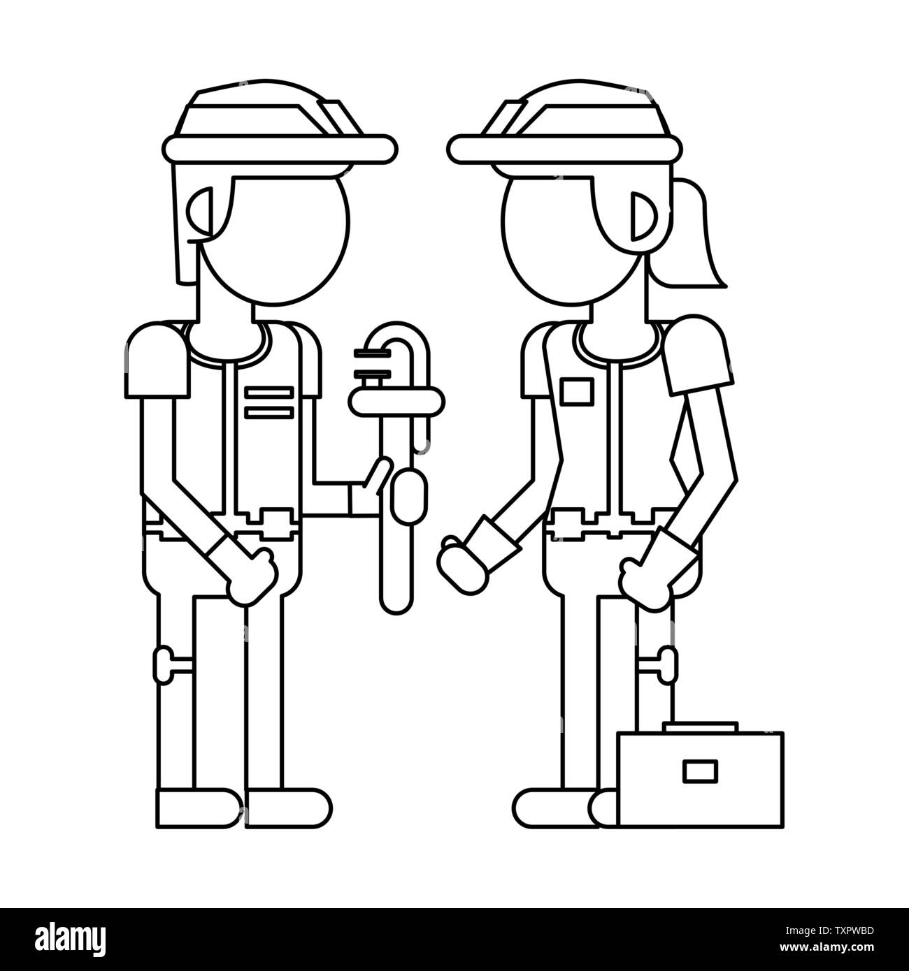 Construction workers with tools cartoons in black and white faceless ...