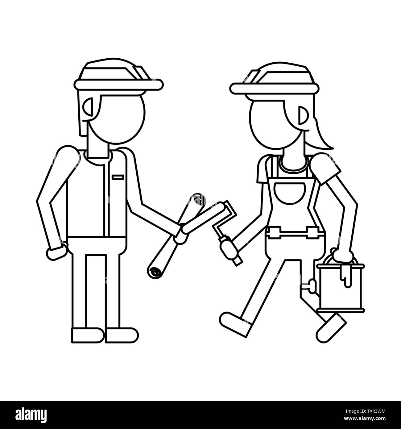 Construction workers with tools cartoons in black and white faceless ...