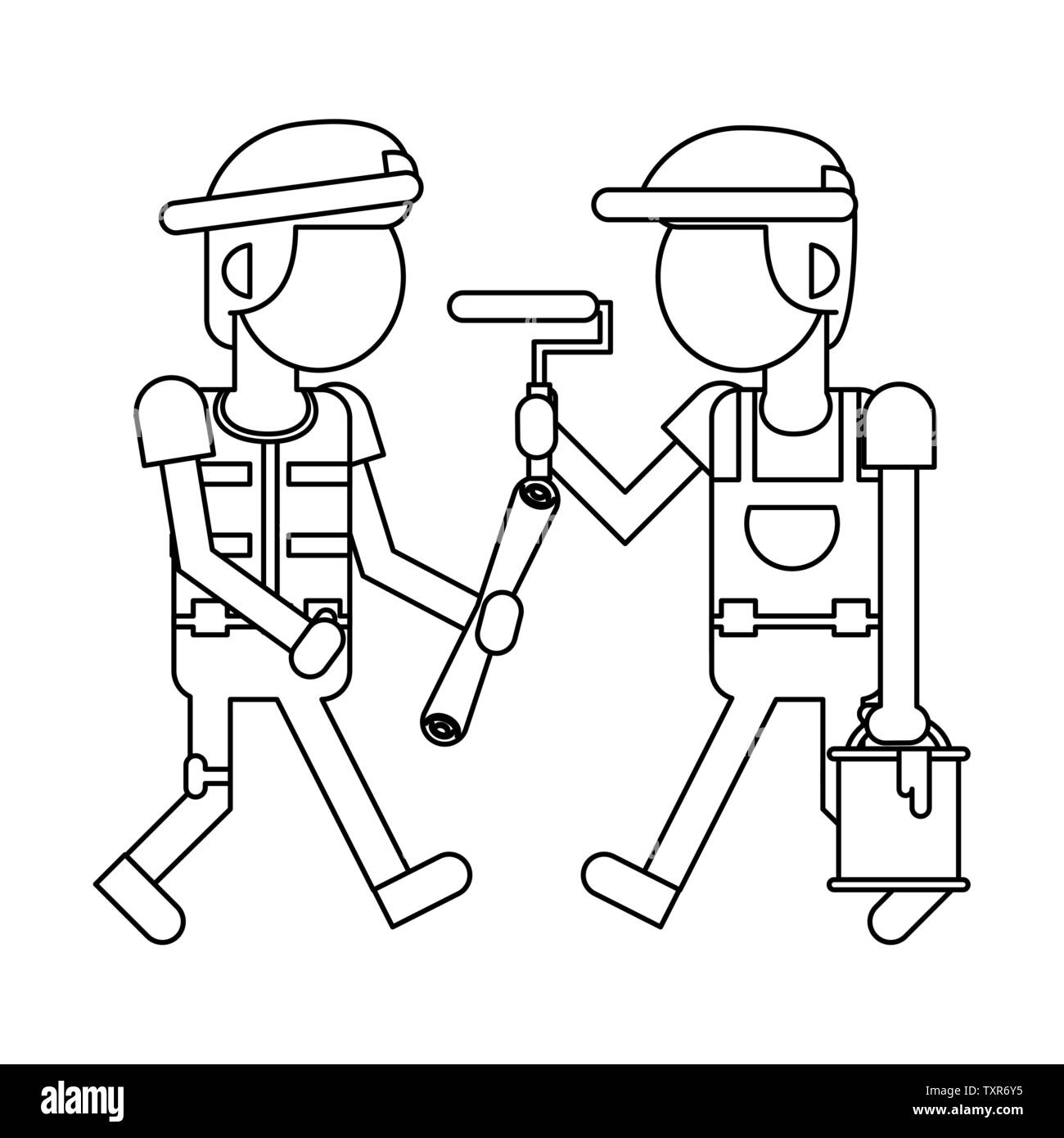 Construction workers with tools cartoons in black and white faceless ...