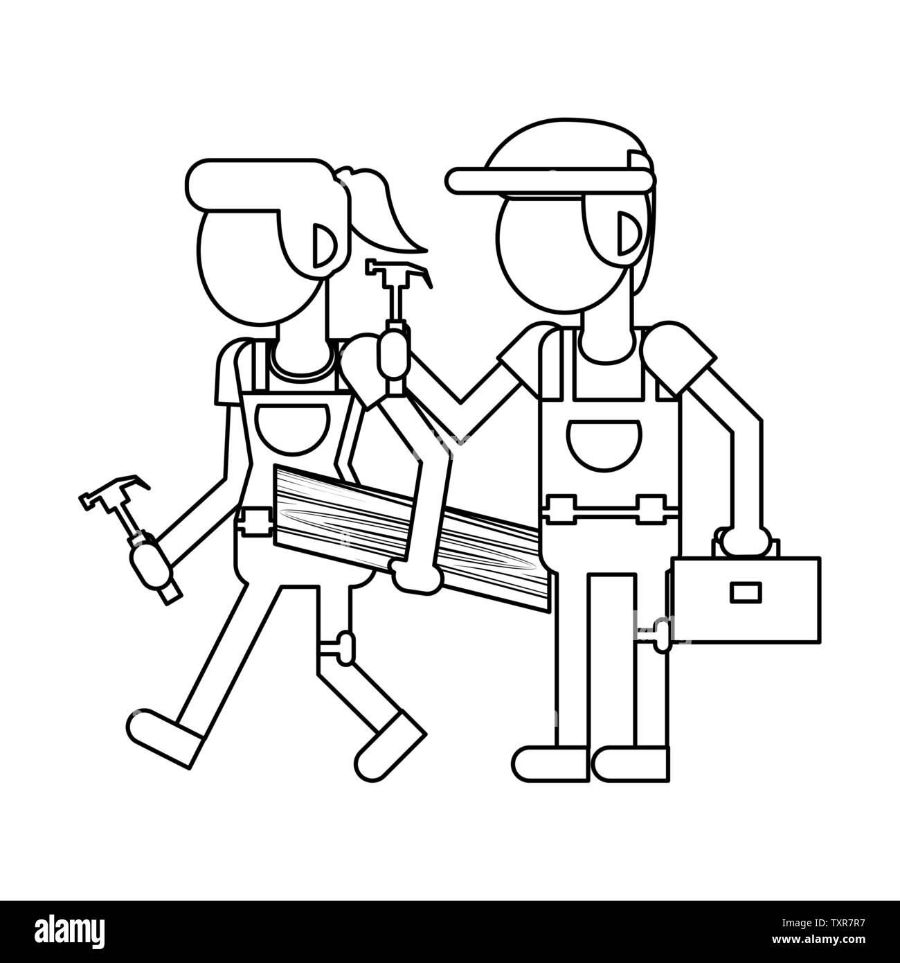 Construction workers with tools cartoons in black and white faceless ...