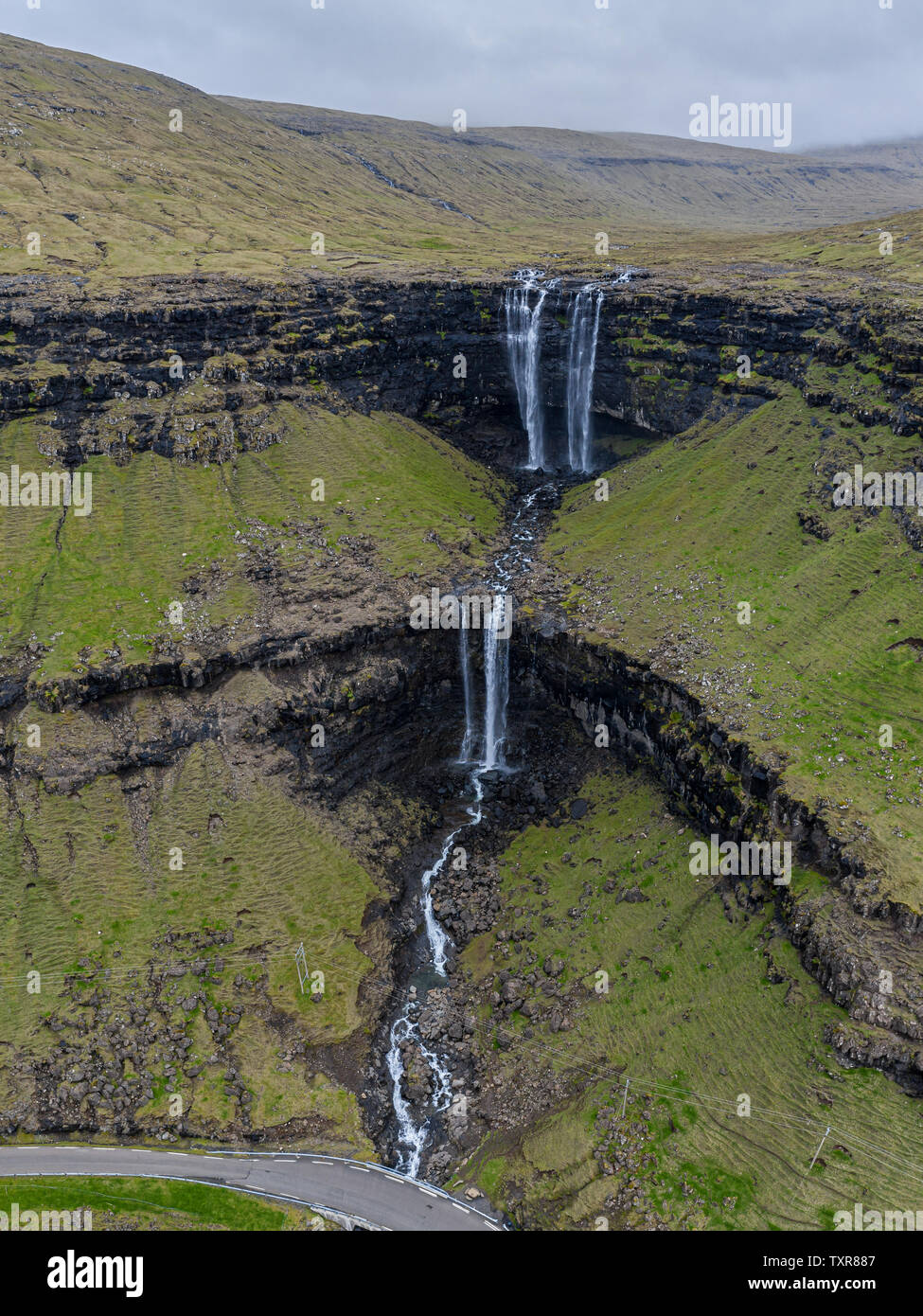 Aerial view of Fossa double-tiered waterfall, Faroe Islands Stock Photo ...