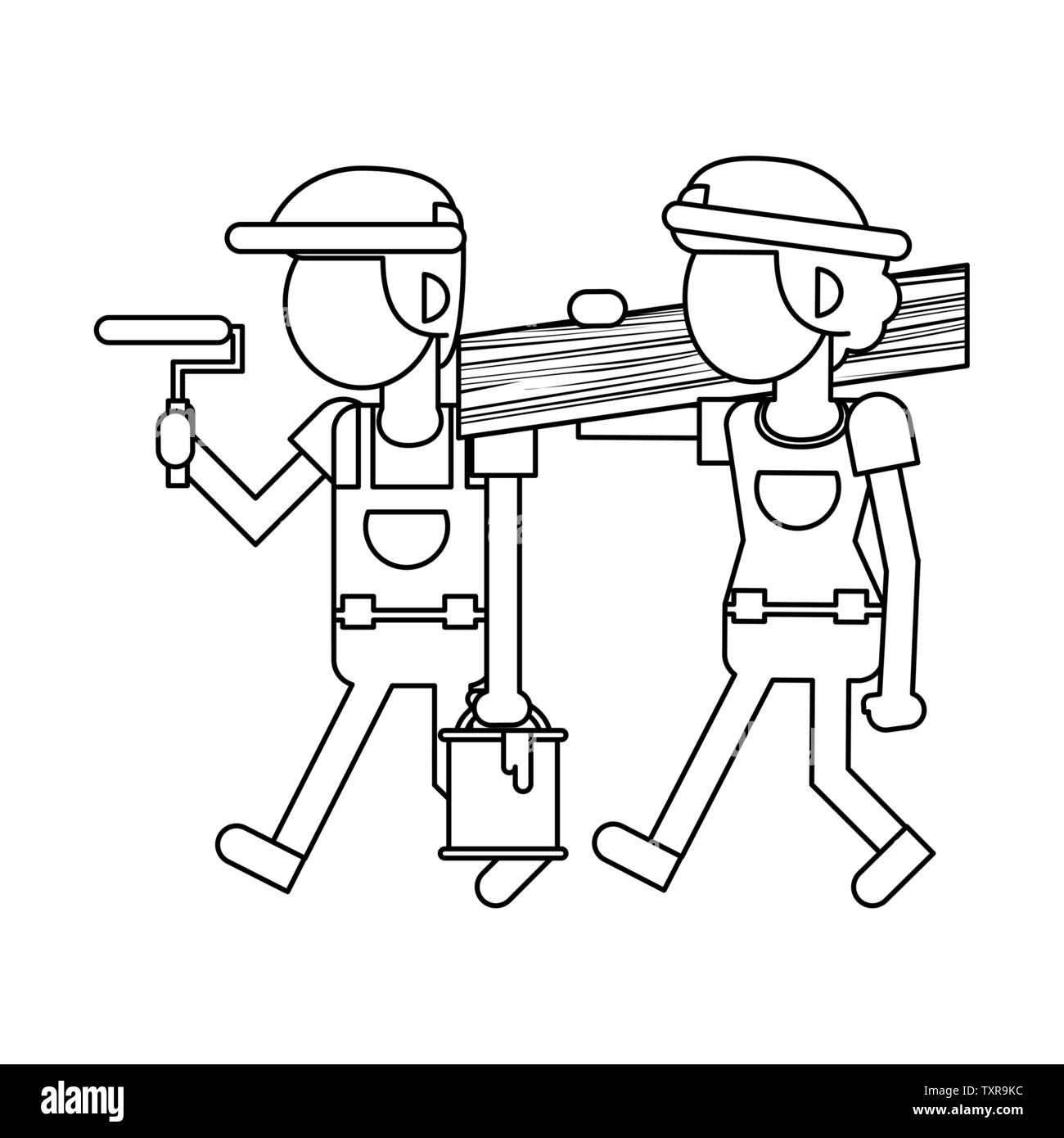 Construction workers with tools cartoons in black and white faceless ...