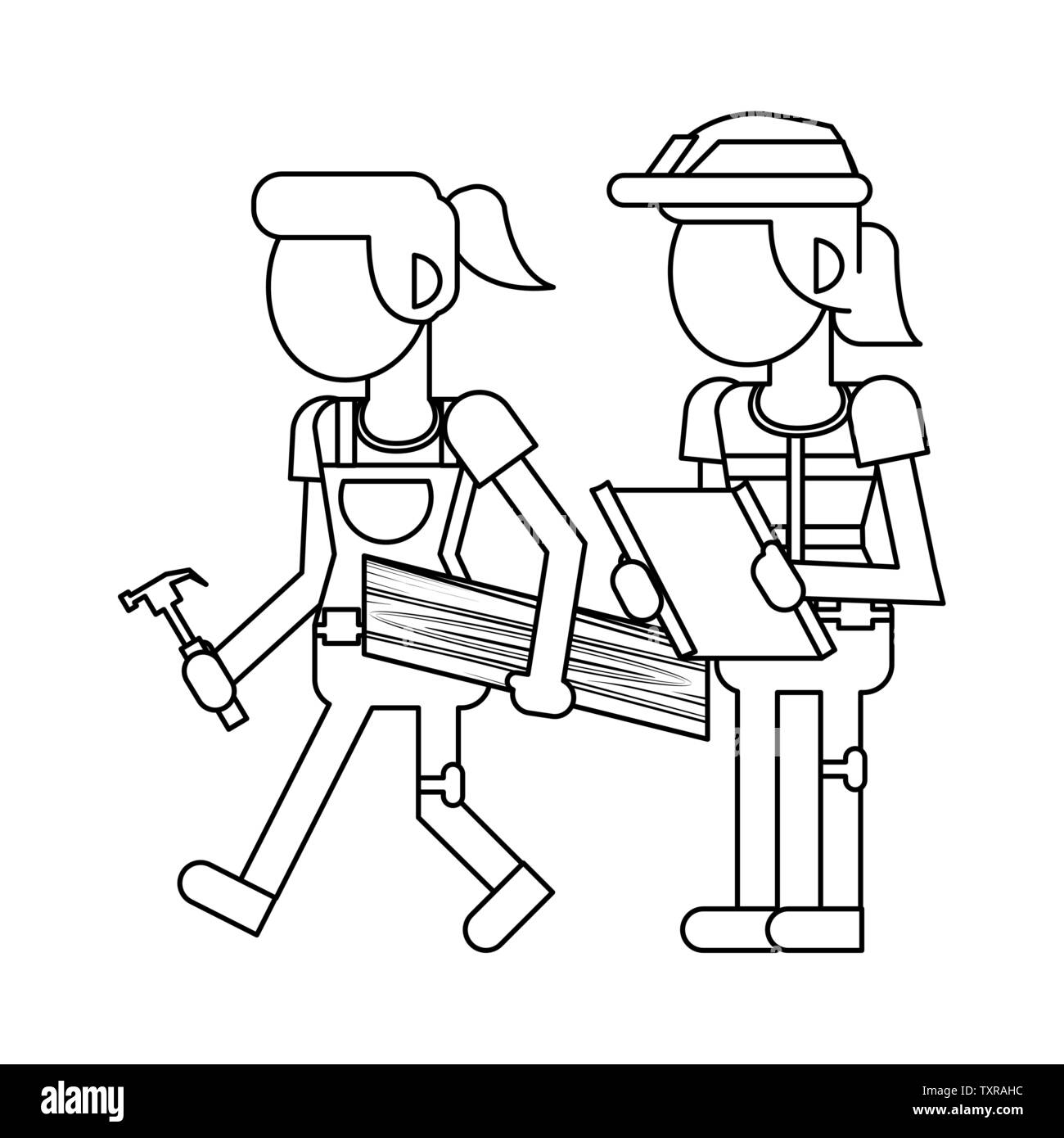 Construction workers with tools cartoons in black and white faceless ...
