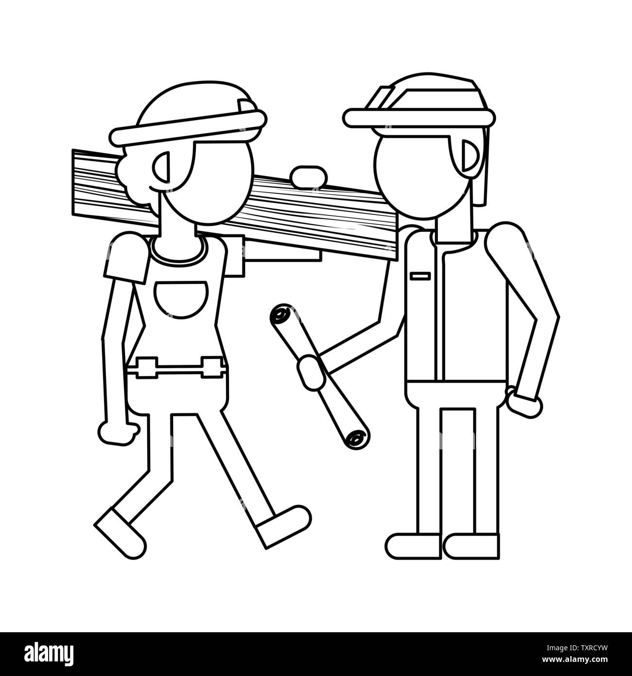 Construction workers with tools cartoons in black and white faceless ...
