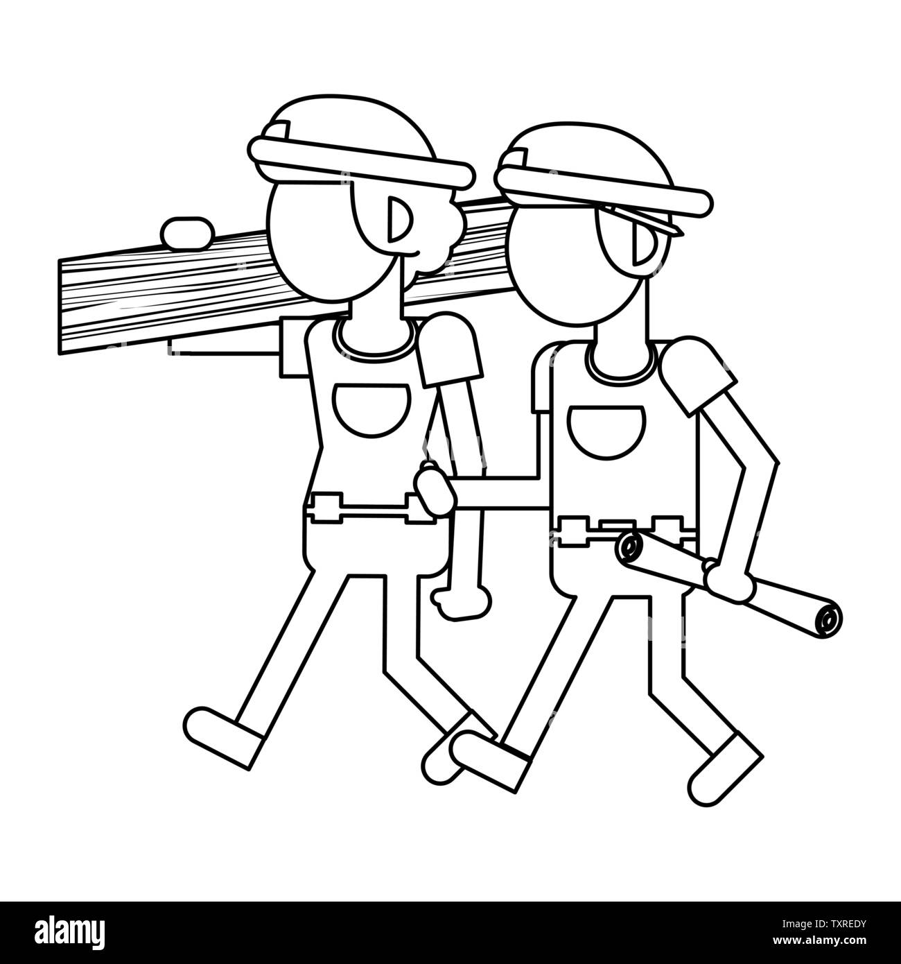 Construction workers with tools cartoons in black and white faceless ...