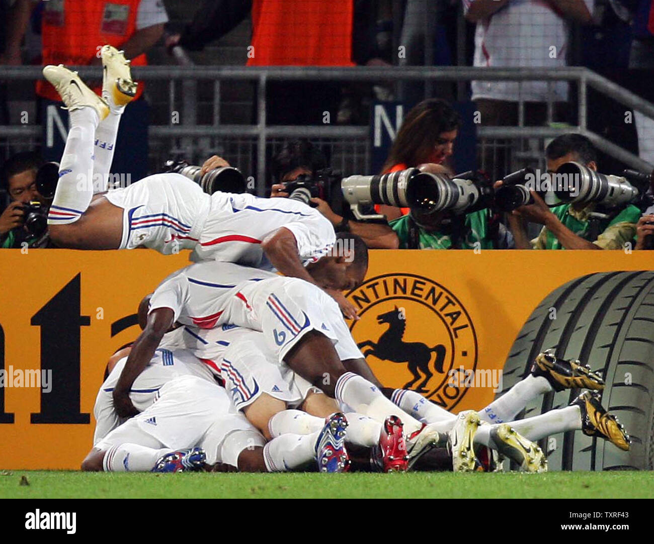 France's Patrick Vieira is mobbed after scoring the second goal during ...