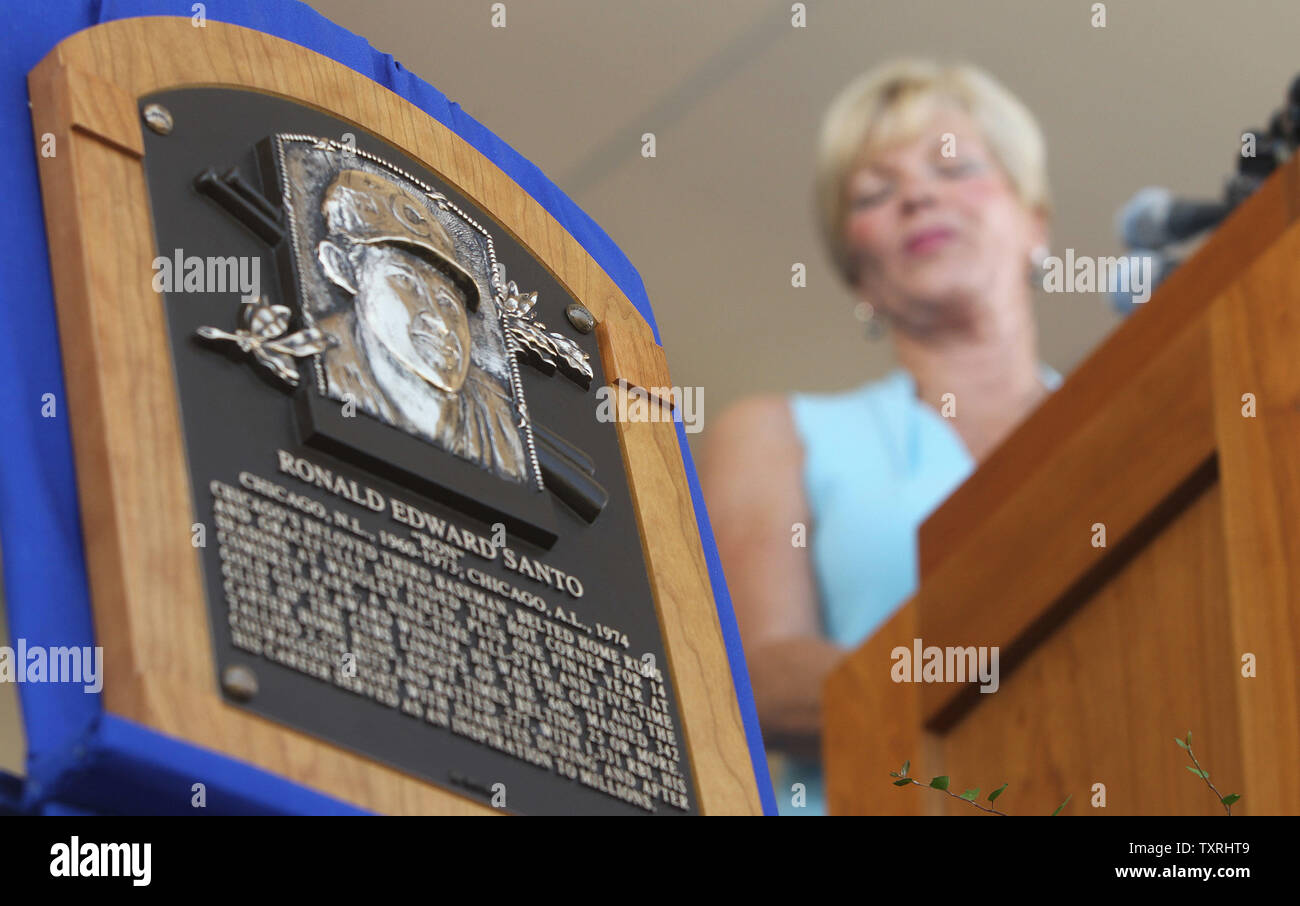 Vicki Santo, widow of Chicago Cubs Ron Santo, looks at her husbands ...