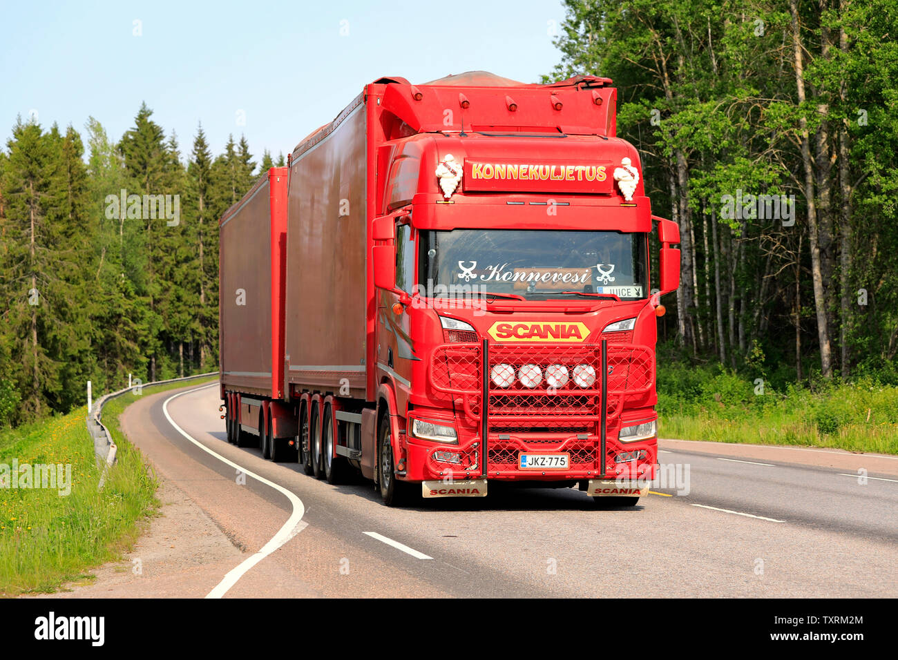 Jyvaskyla, Finland. June 7, 2019. Beautifully customized new red Scania ...