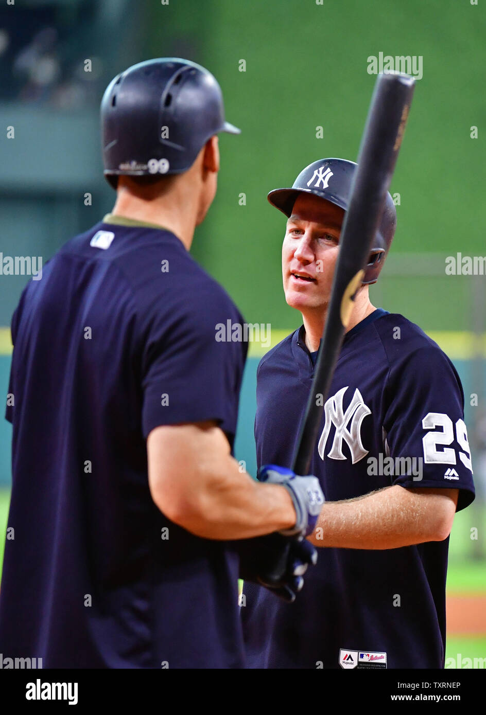 New York Yankees' Todd Frazier (29) and Aaron Judge (L) talk during ...