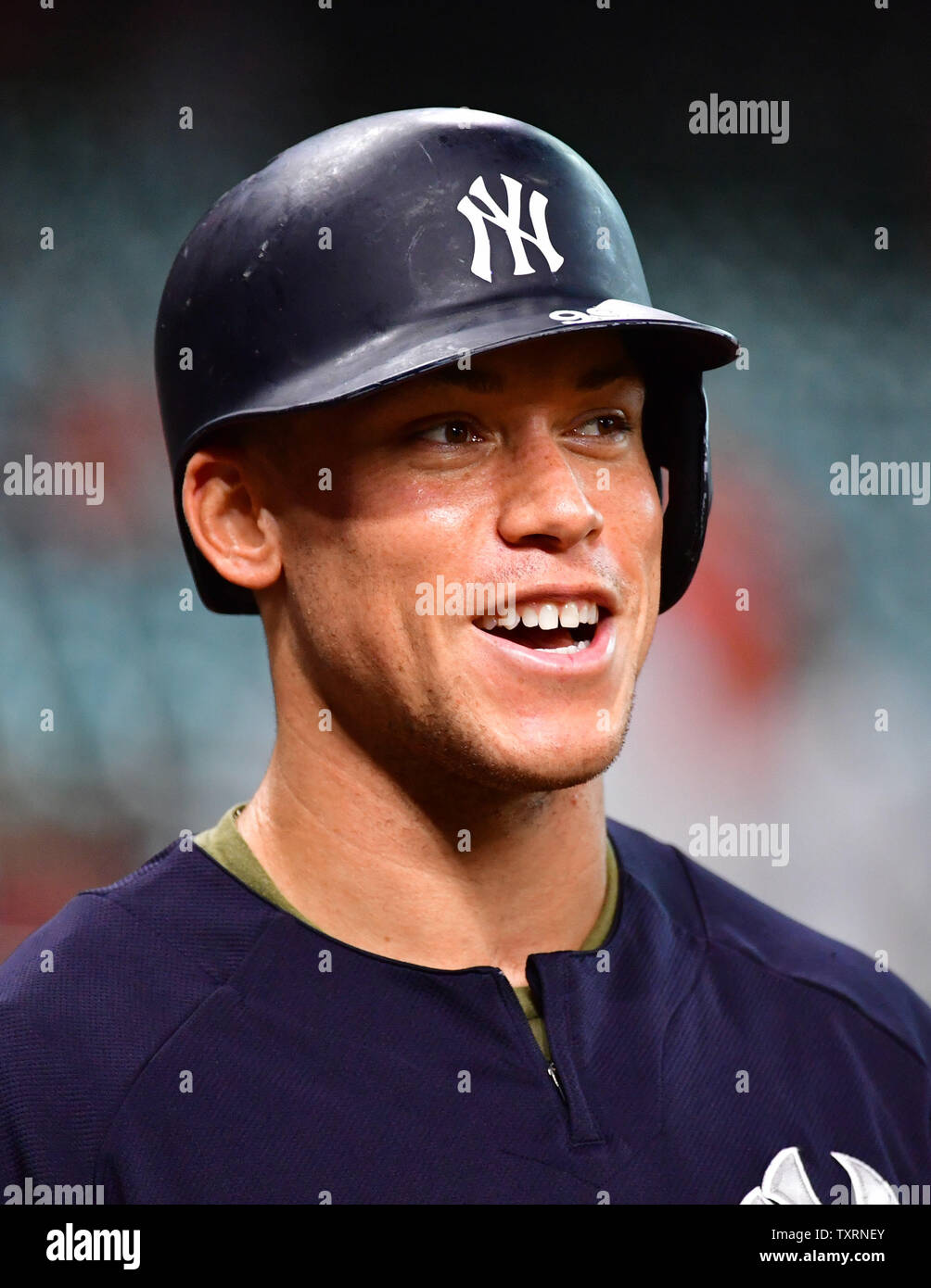 New York Yankees right fielder Aaron Judge smiles during batting ...