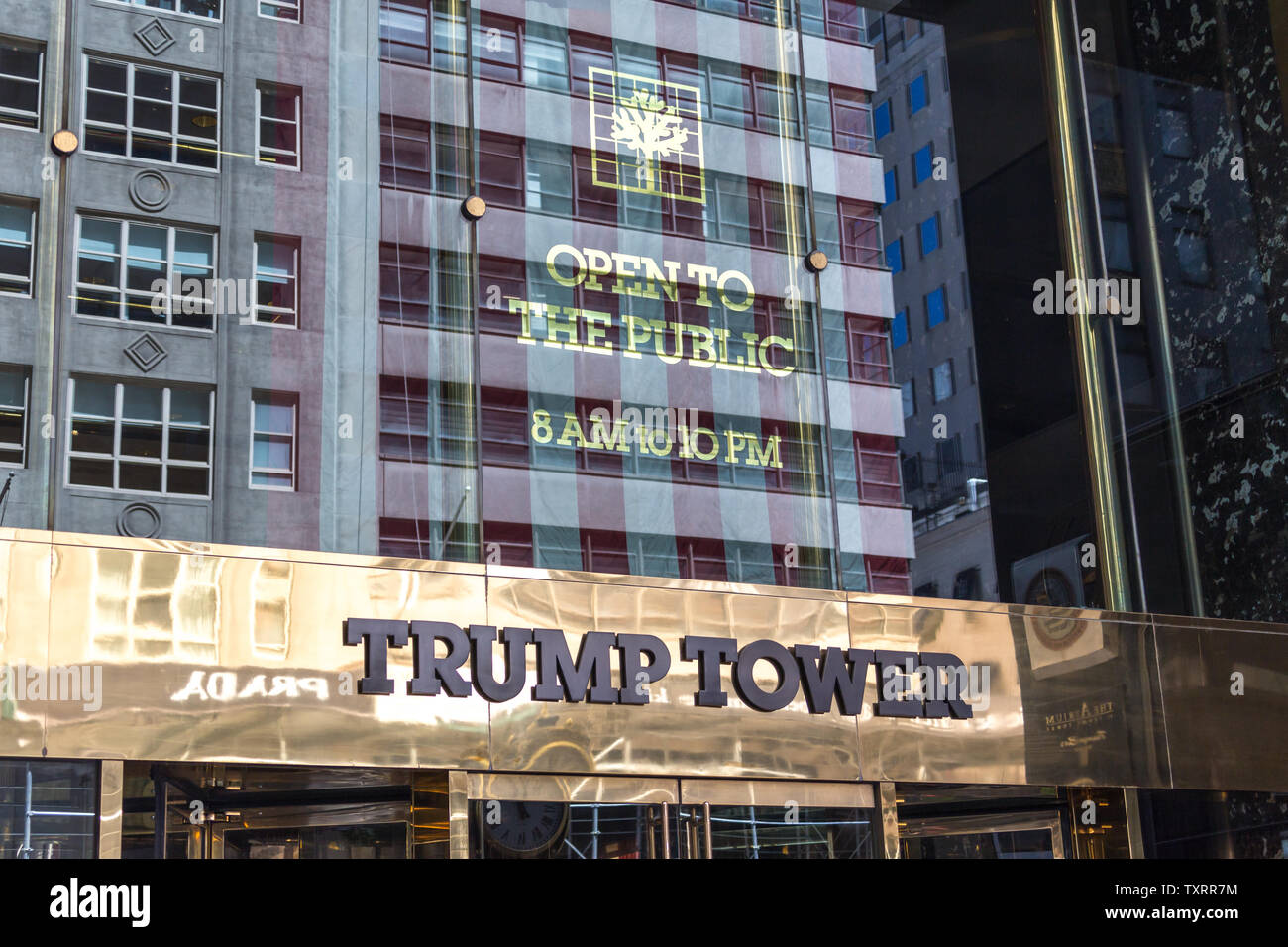 NEW YORK, USA - MAY 15, 2019: Low angle of the gold facade of Trump ...