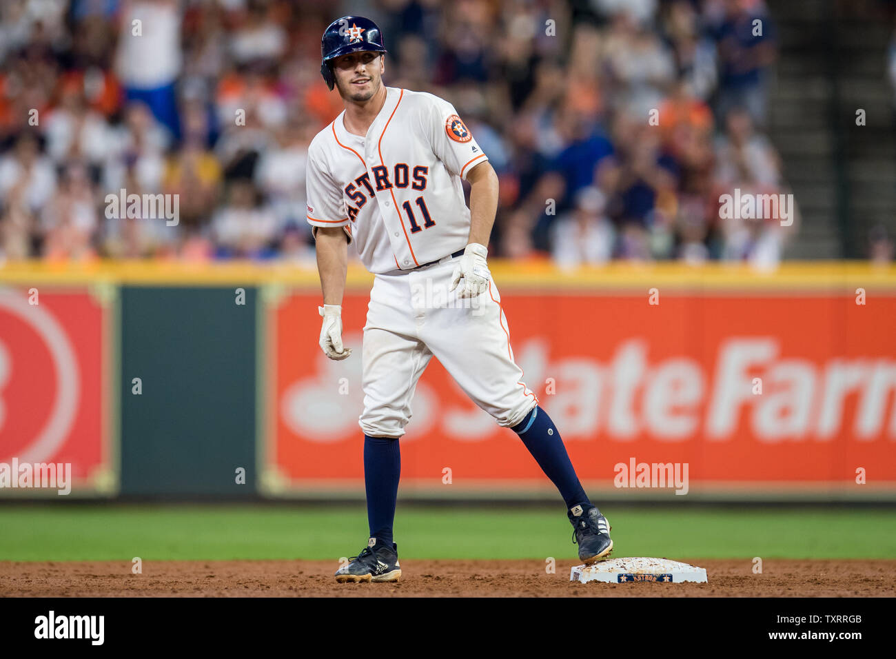 Houston Astros' Garrett Stubbs smiles after hitting a double in his ...