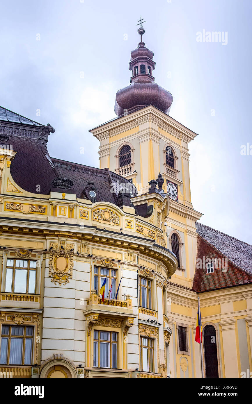 Sibiu, Romania house with tower at main square Stock Photo - Alamy