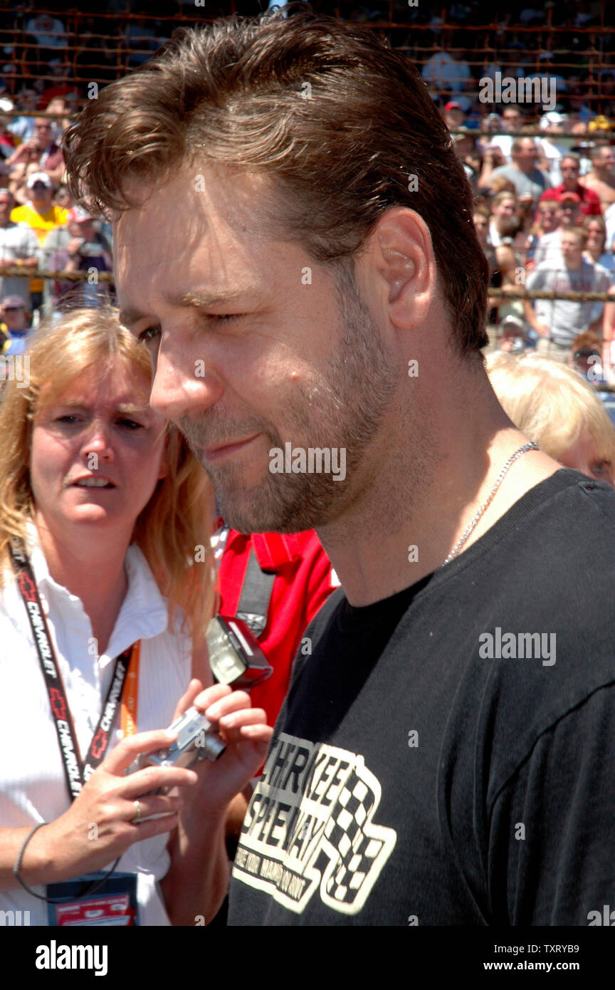 Actor Russell Crowe visits the pit area before the start of the ...