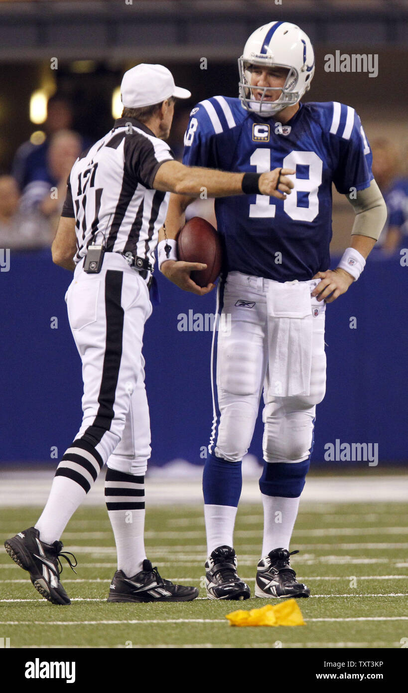 Indianapolis Colts quarterback Peyton Manning (18) argues a flag with ...