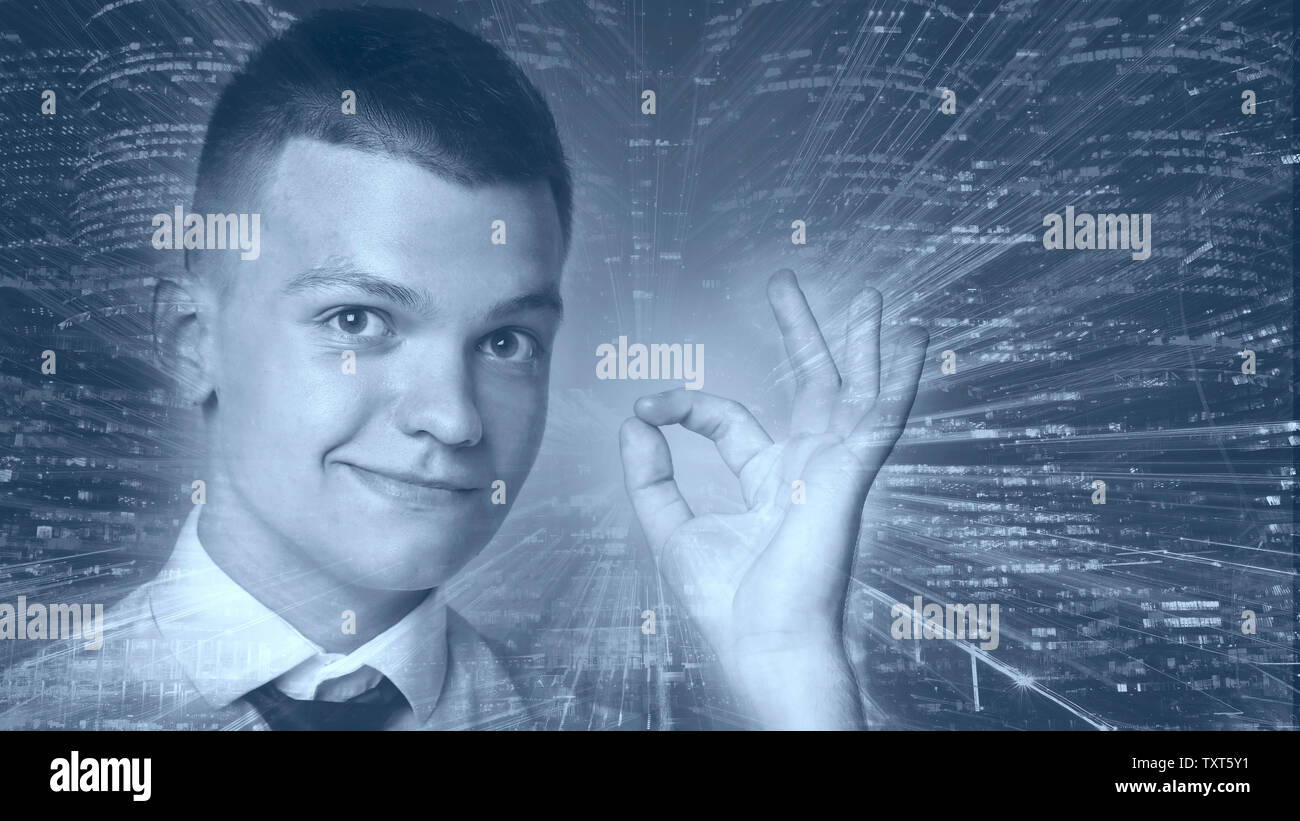 Portrait of young man with dark hair. Hi tech concept. Toned image ...