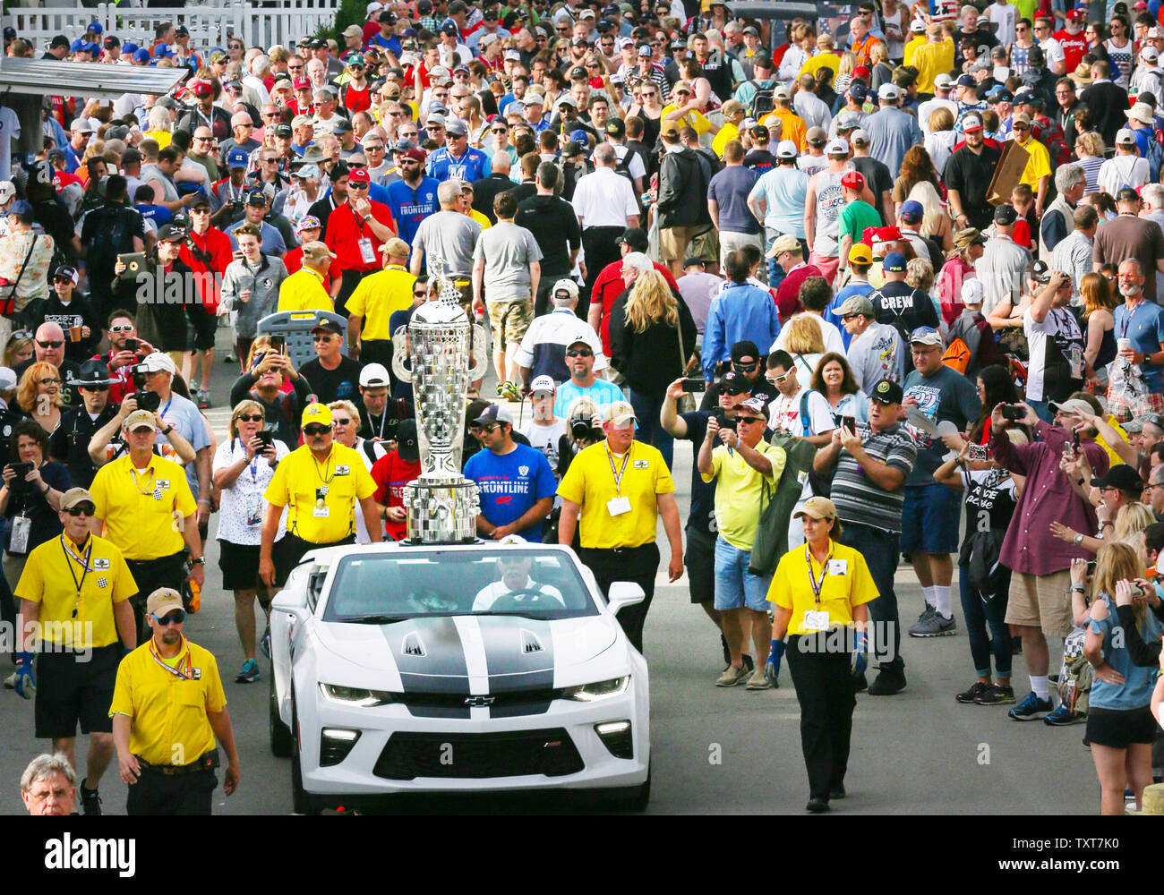 The Borg Warner Trophy is moved to the main stretch in pre-race ...