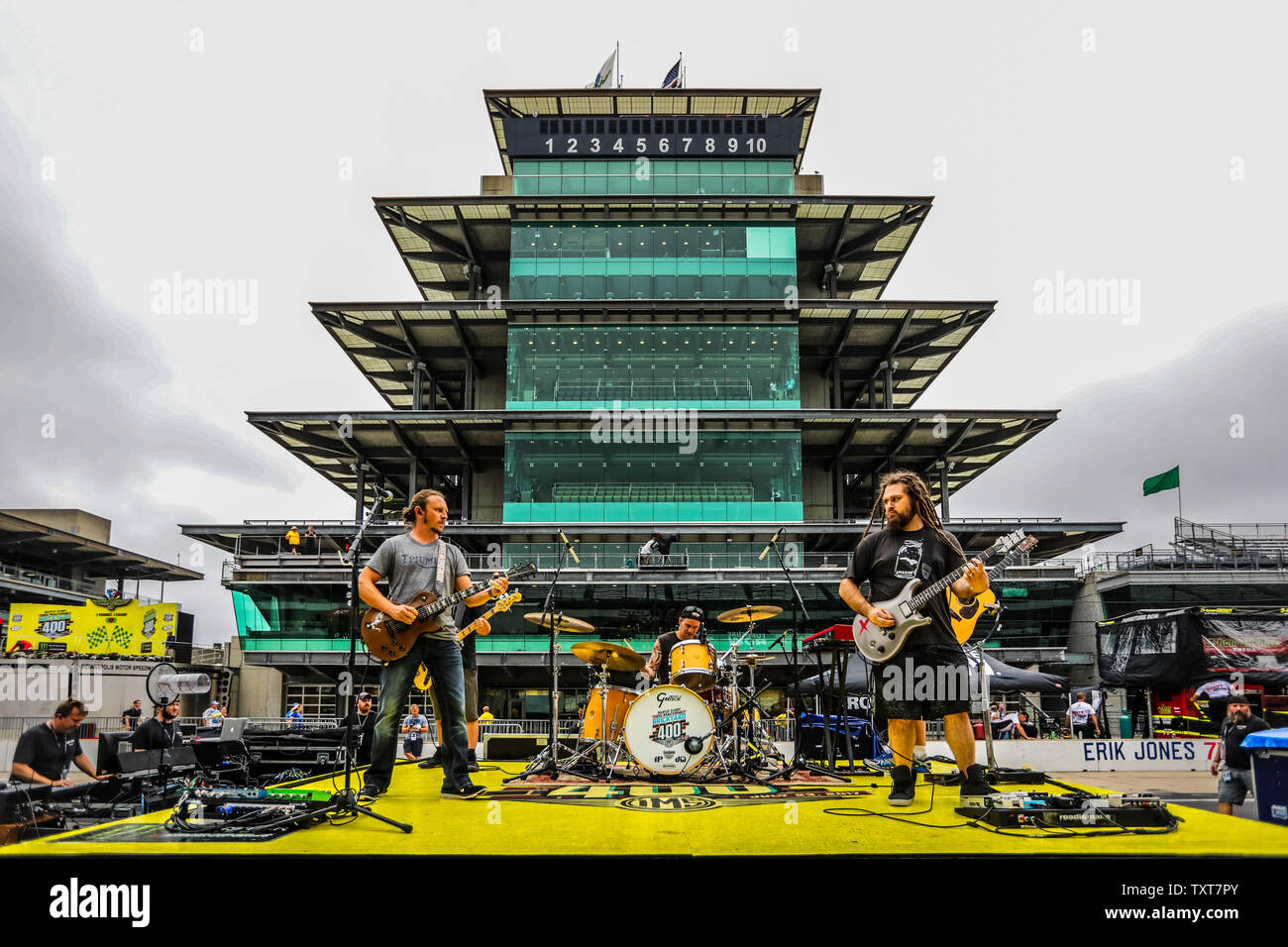 Members of Brantley Gilbert's band perform a sound check for pre-race ...