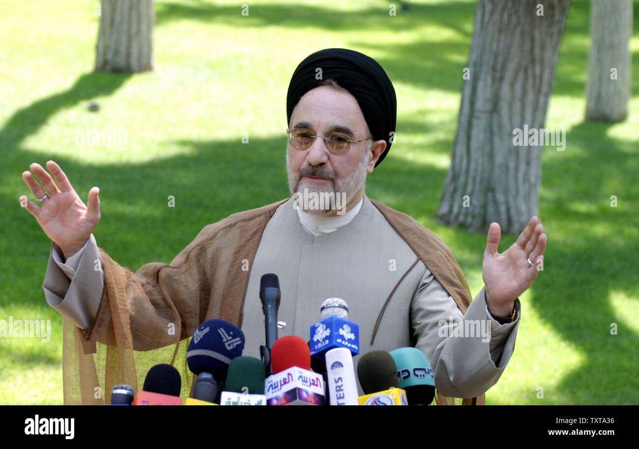 Outgoing Iranian President Mohammad Khatami speaks to the press after ...