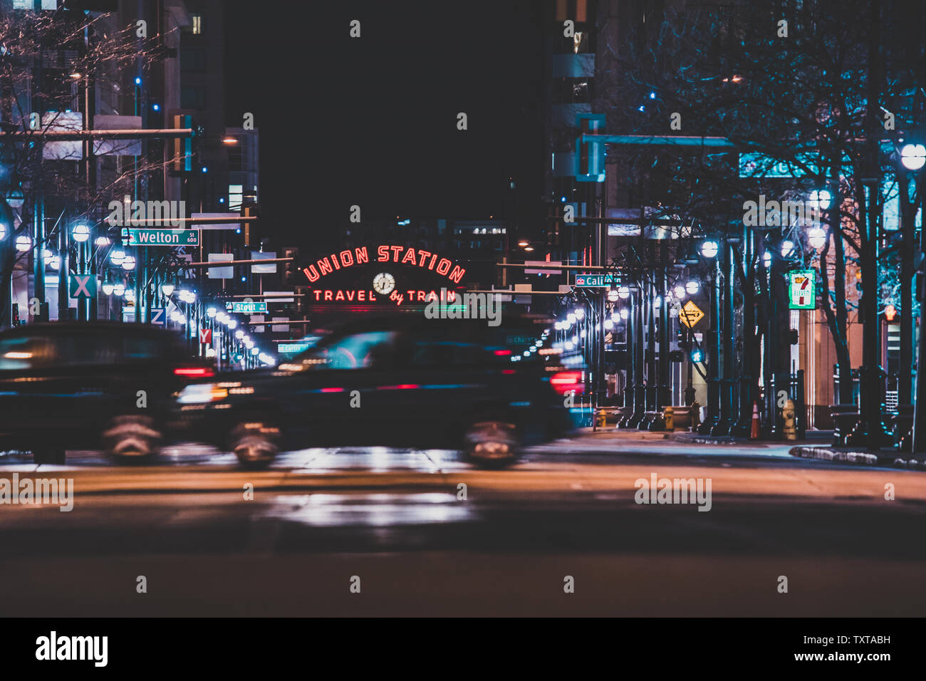 Denver downtown street view at night Stock Photo - Alamy