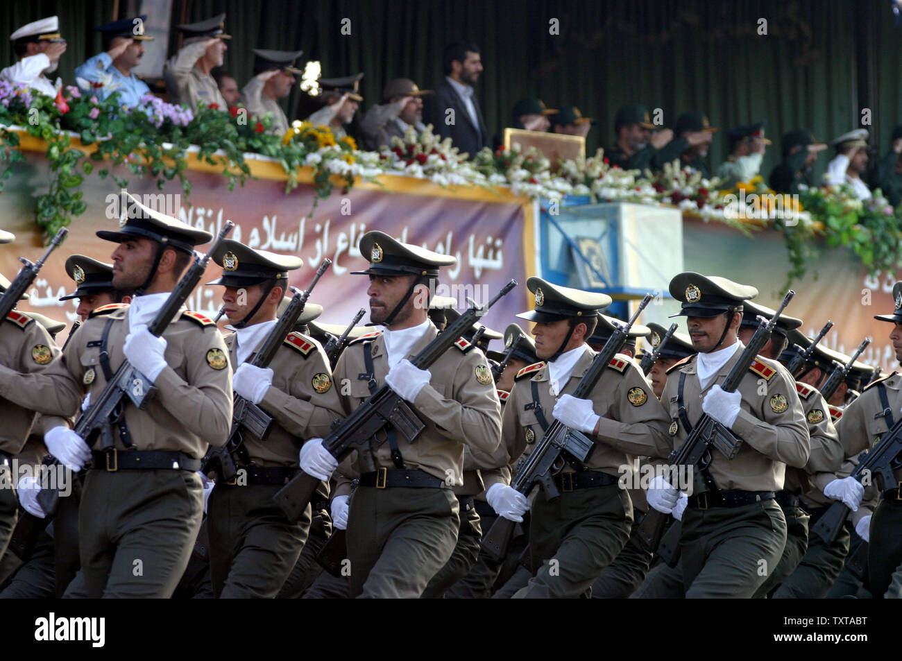 Iranian Army soldiers march during a parade ceremony marking the 25th ...