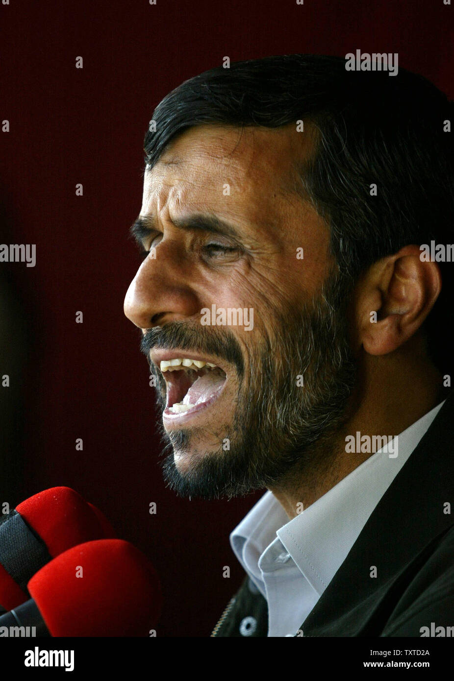 Iran's President Mahmoud Ahmadinejad speaks to the people of Shahriar ...