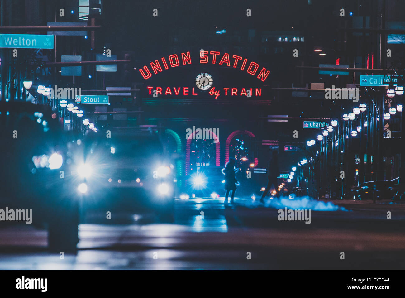 Denver downtown street view at night Stock Photo - Alamy