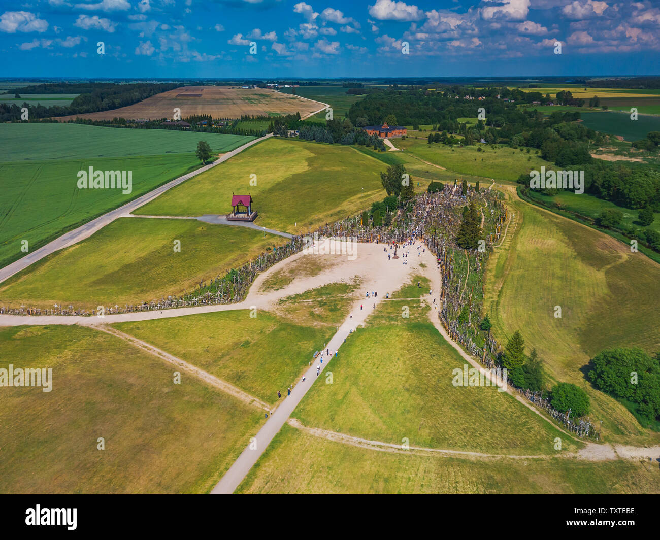 Aerial panoramic view of Hill of Crosses KRYZIU KALNAS . It is a famous ...