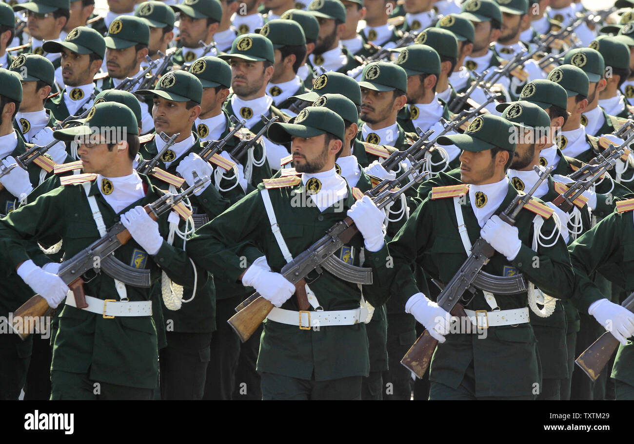 Iranian soldiers march during the annual military parade on September ...