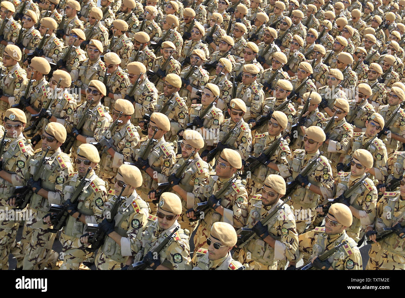 Iranian soldiers march during the annual military parade on September ...
