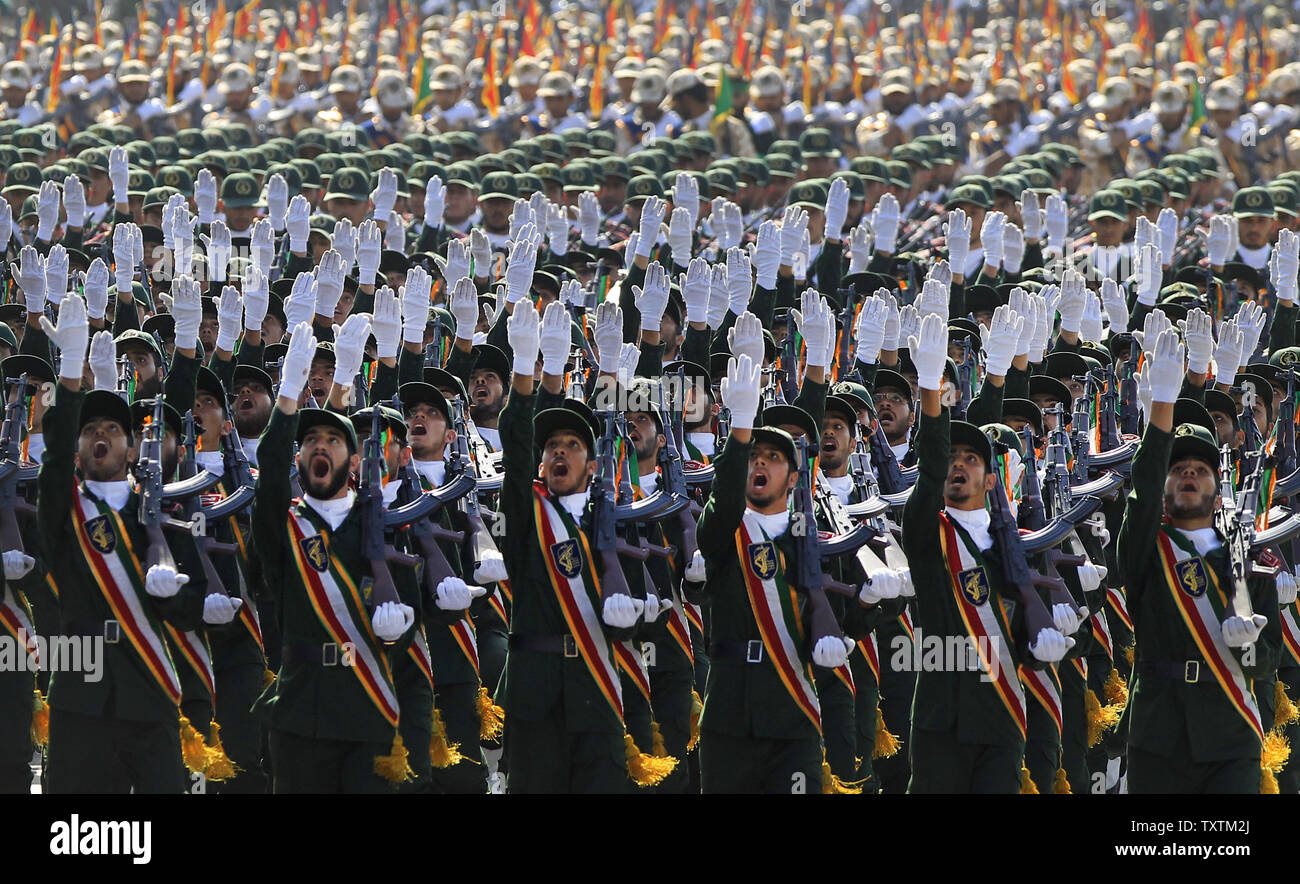 Iranian soldiers march during the annual military parade on September ...