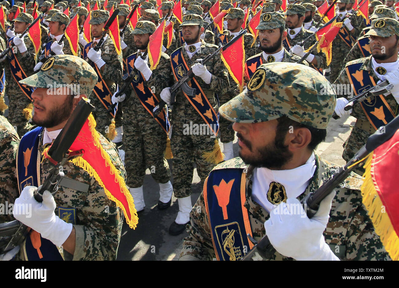 Iranian soldiers march during the annual military parade on September ...