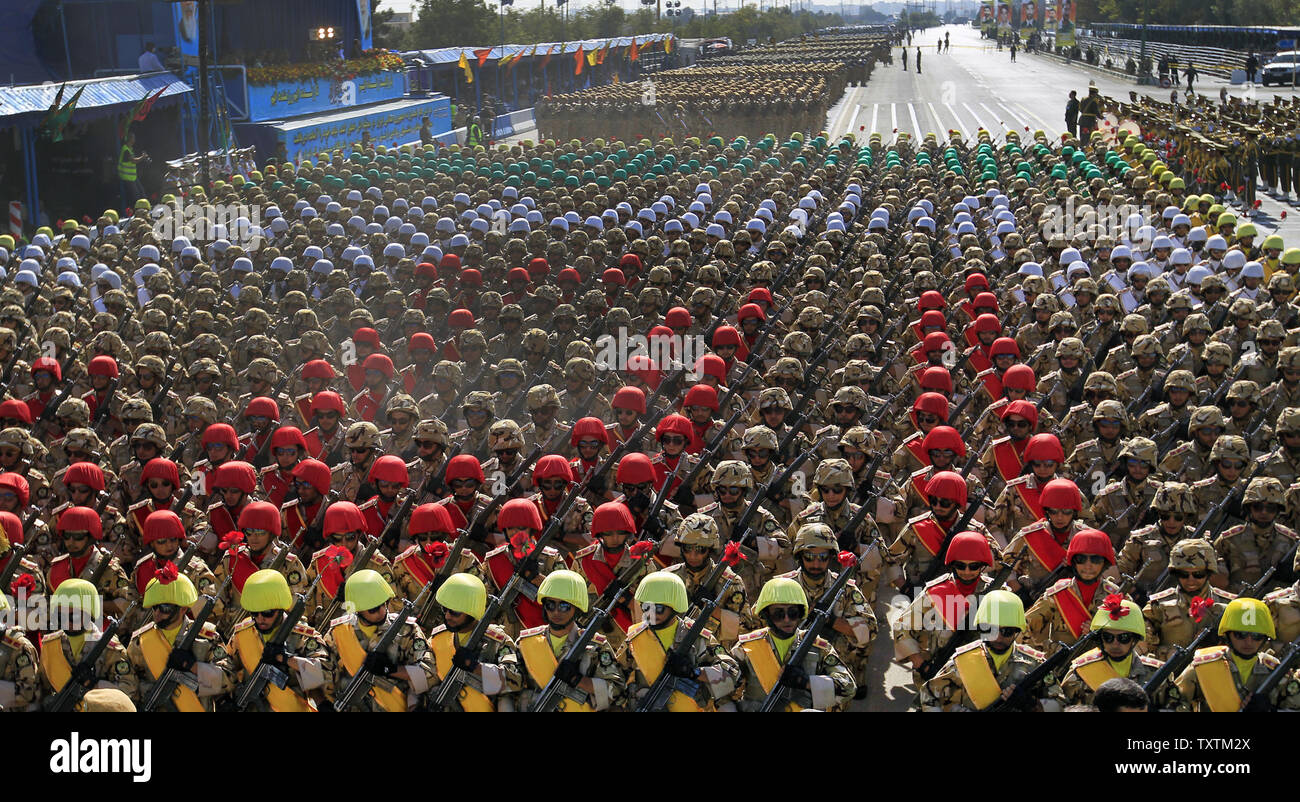Iranian soldiers march during the annual military parade on September ...