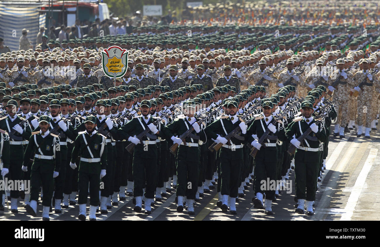 Iranian soldiers march during the annual military parade on September ...